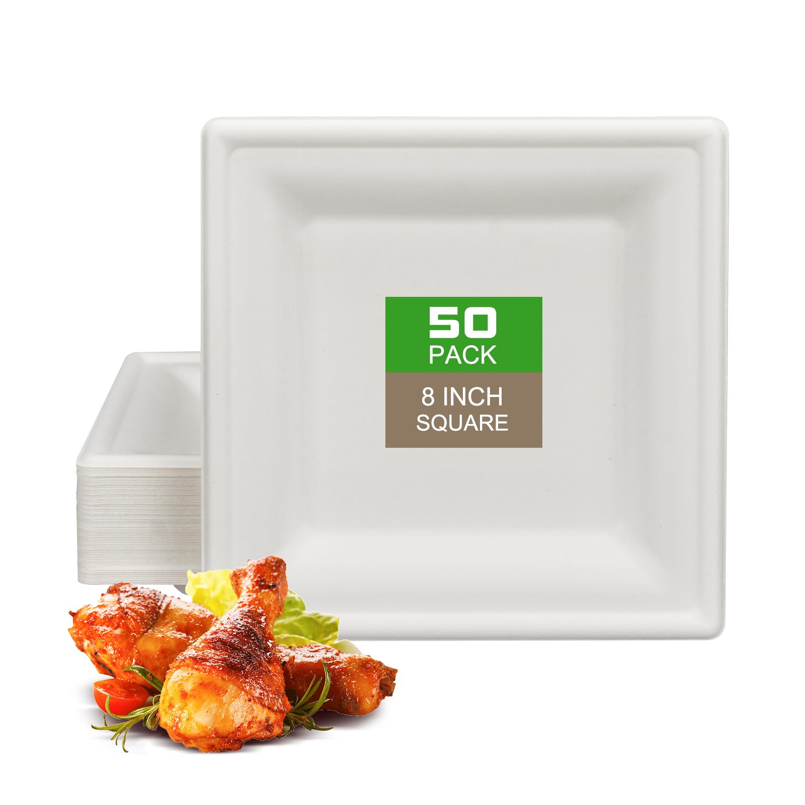 BangShou 50 Piecs 8 Inch Square Paper Plates, Heavy Duty Disposable Plate,100% Compostable Sugarcane Appetizer Plates, Large Sturdy Disposable Paper Plates for Dinner Party,BBQ,Birthday