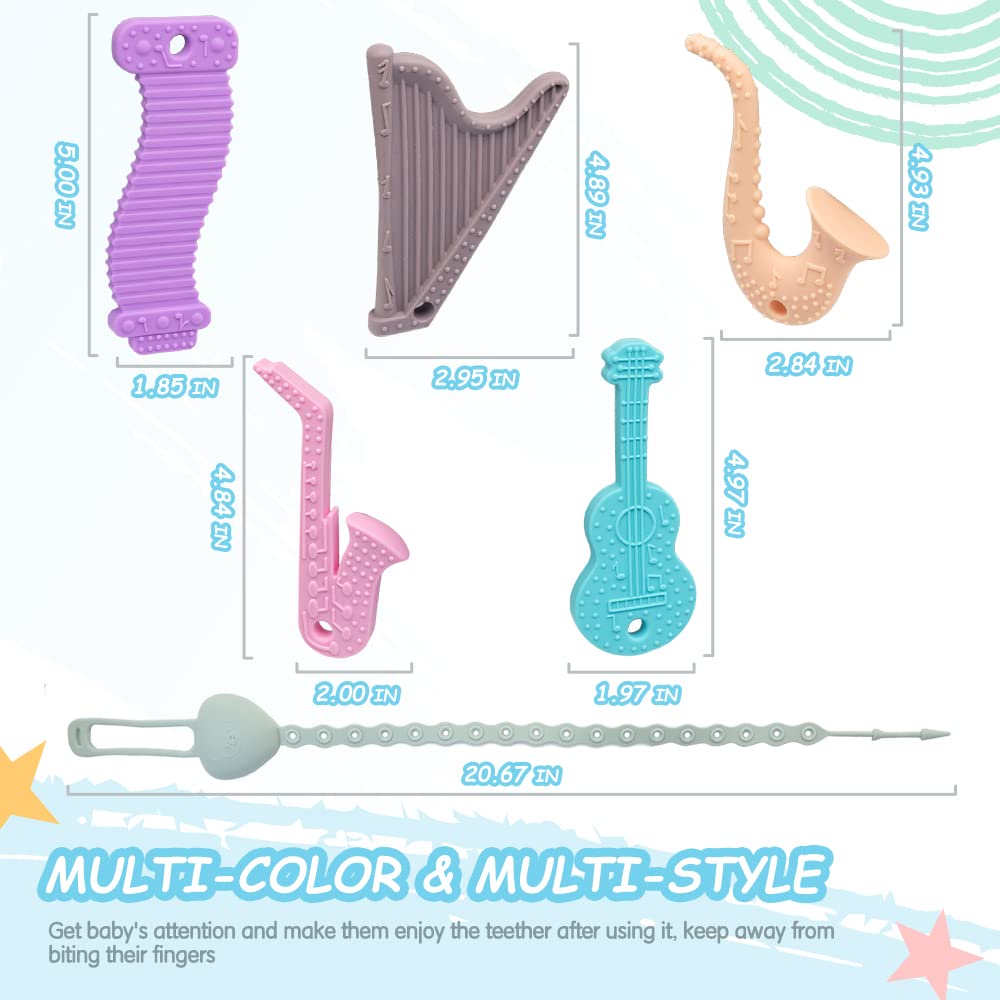 Baby Teething Toys for Babies 6-12 Months, Musical Instrument Set Baby Teether(Includes Anti-Drop Chain), BPA Free Silicone Teethers for Babies, Soft Baby Chew Toys for Soothe Baby's Sore Gums