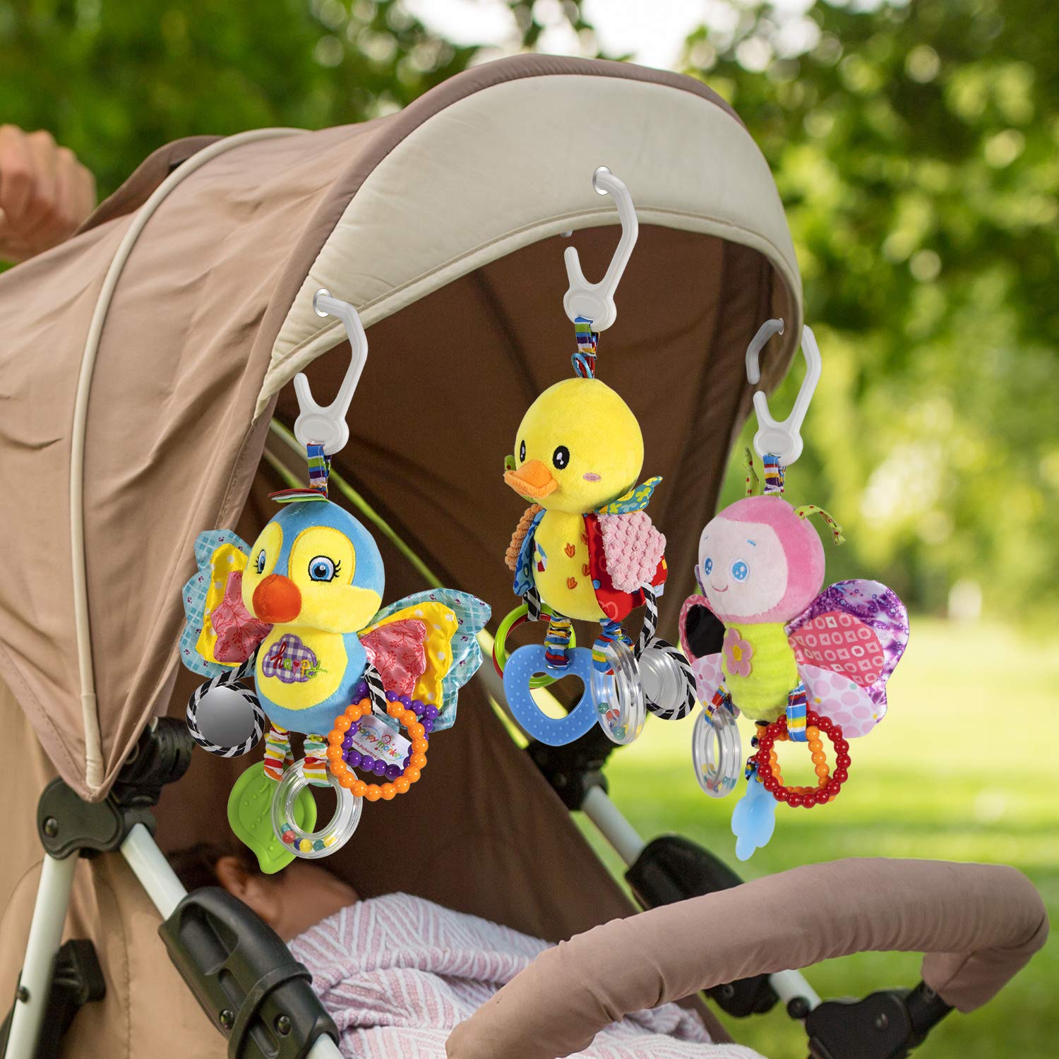 Funsland 3 Pack Stroller Toys - Car Seat Toys for Infants with Teether Hanging Toys - Butterfly + Birdie + Duck
