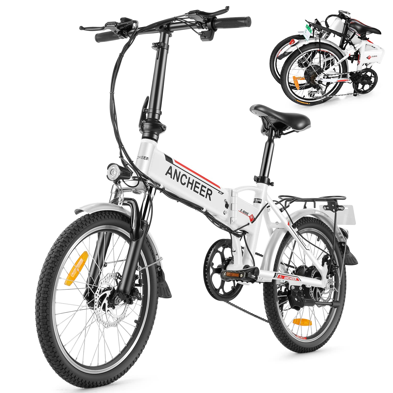 ANCHEER Folding Electric Bike Ebike, 20 Inch Electric Bicycle with 36V 8Ah Removable Lithium-Ion Battery, Ebike with 250W Motor and 7 Speed Gears (White)