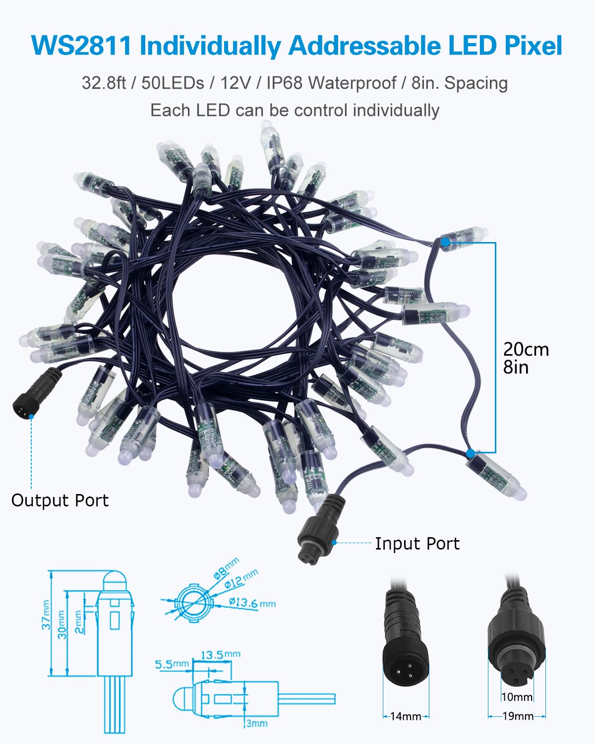 ALITOVE WS2811 12V LED Pixels 12mm 8 inch Spacing 50 LEDs Addressable RGB LED Bullet String Lights Diffused Digital Dream Color Programmable Module Lights Waterproof IP68 with 3pin ALT-Connector
