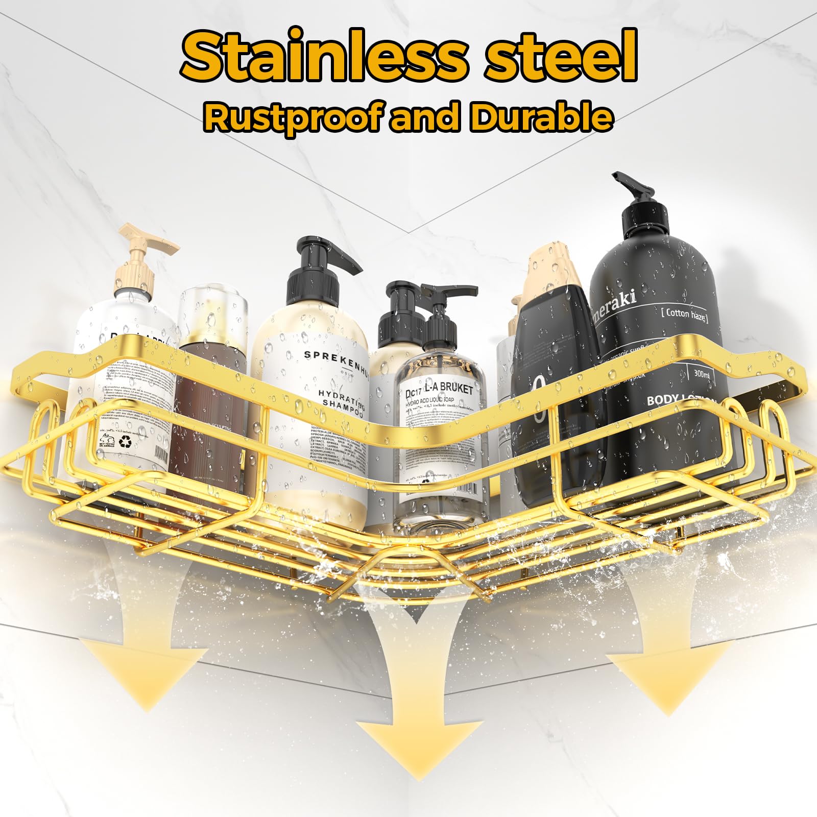 Bathroom stars Gold Corner Adhesive Shower Caddy,Rustproof Stainless Steel Corner Shower Shelves for Bathroom Kitchen, No Drilling Wall Mounted Shower Rack for inside Shower, 5 Pack