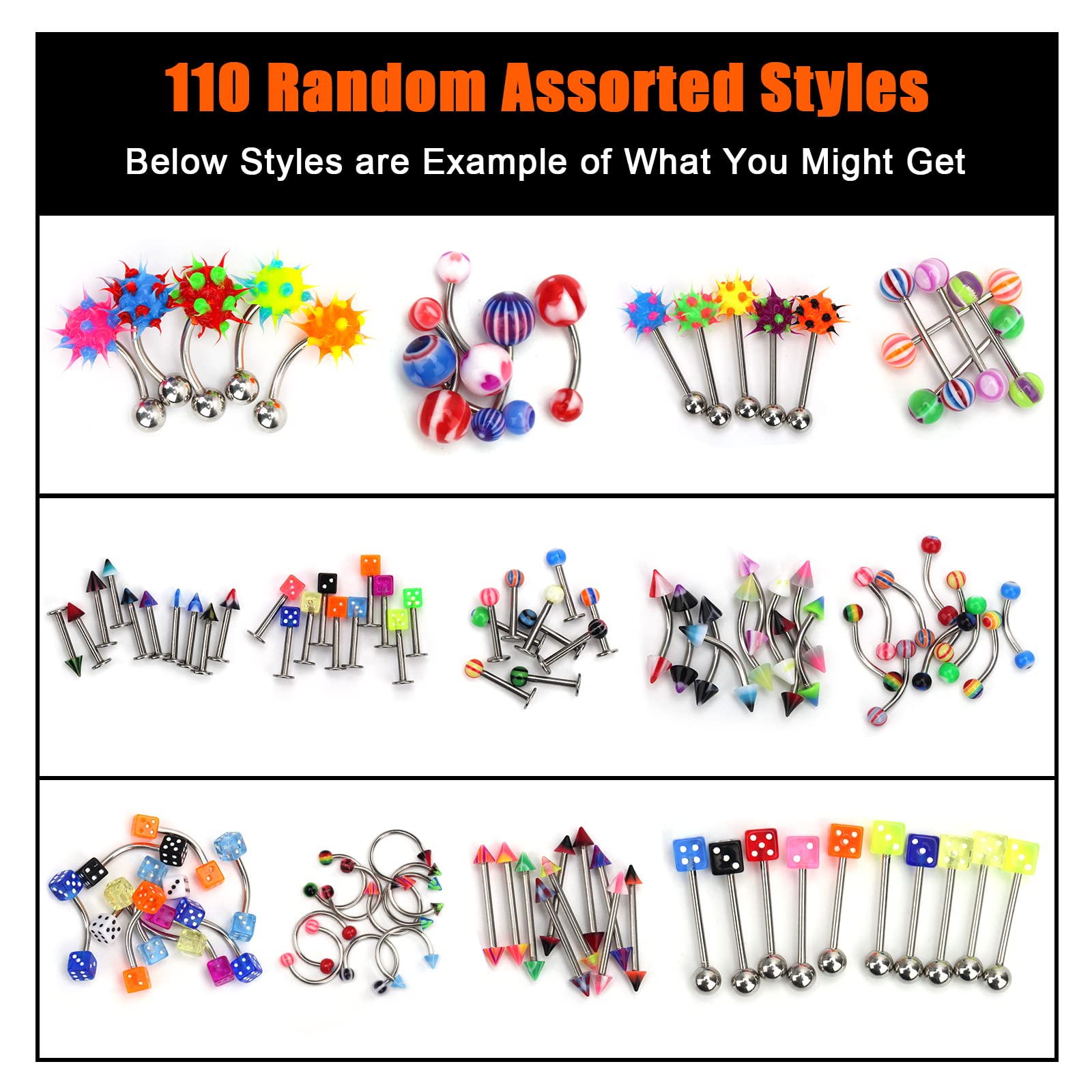 CrazyPiercing Lot of 110PCS Body Jewelry Piercing Eyebrow Navel Belly Tongue Lip Bar Ring