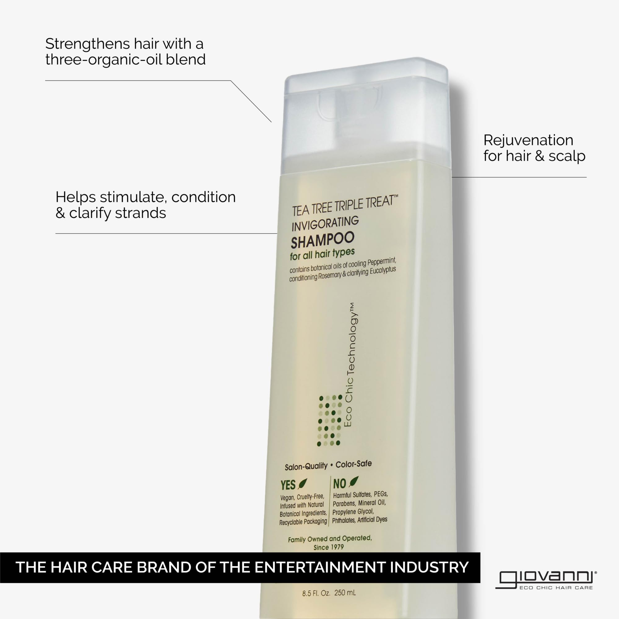 GIOVANNI Tea Tree Triple Treat Invigorating Shampoo - Cooling Peppermint, Eucalyptus & Rosemary, Helps Strengthen & Rejuvenate Hair & Scalp, Salon Quality, Paraben Free - 8.5 oz (1 Pack)