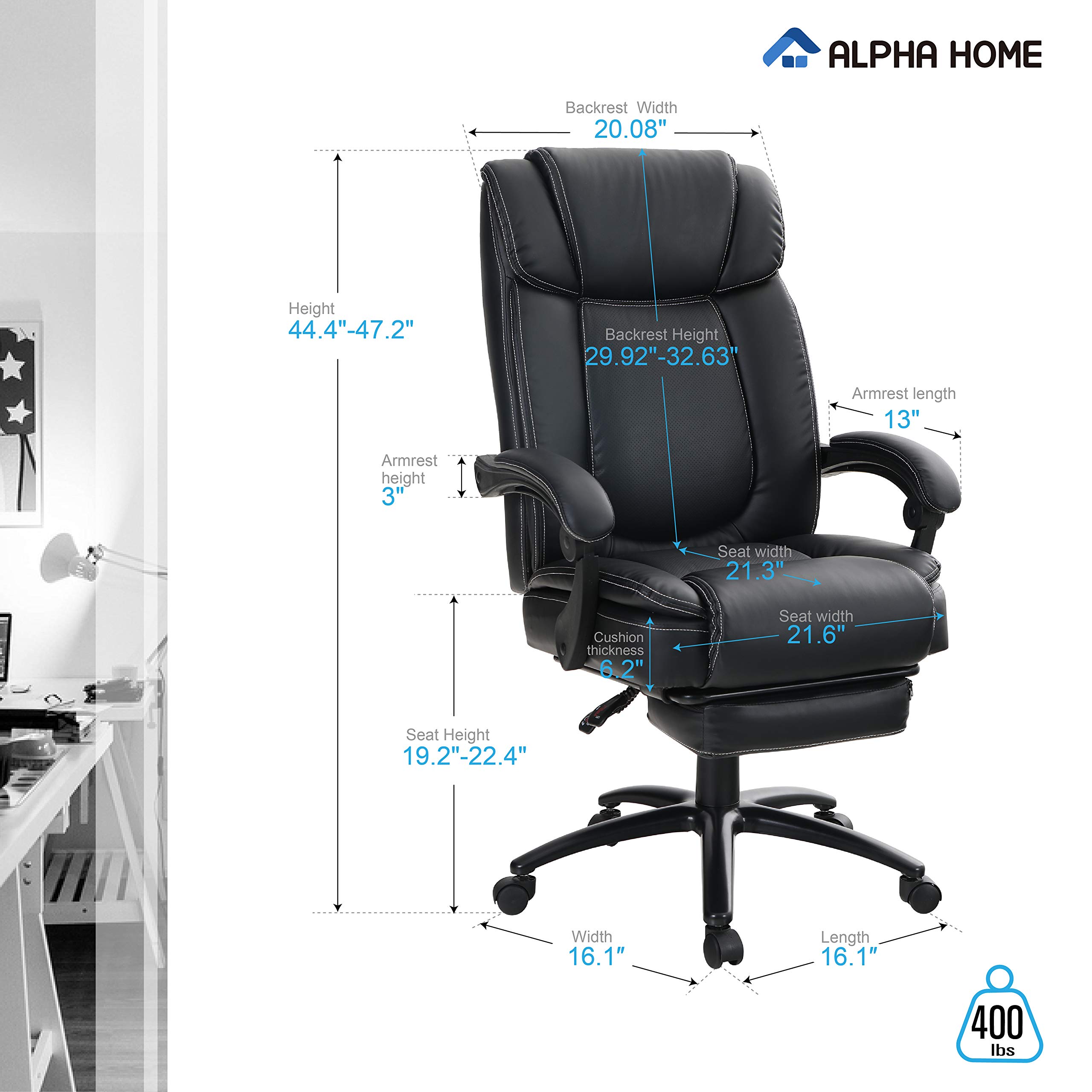 ALPHA HOME High Back Executive Chair Ergonomic Office Chair Managerial Computer Chair Flip Up Armrest Big Tall Adjustable Height PU Leather Task Chair Rolling Swivel Chair-Capacity 400LBS