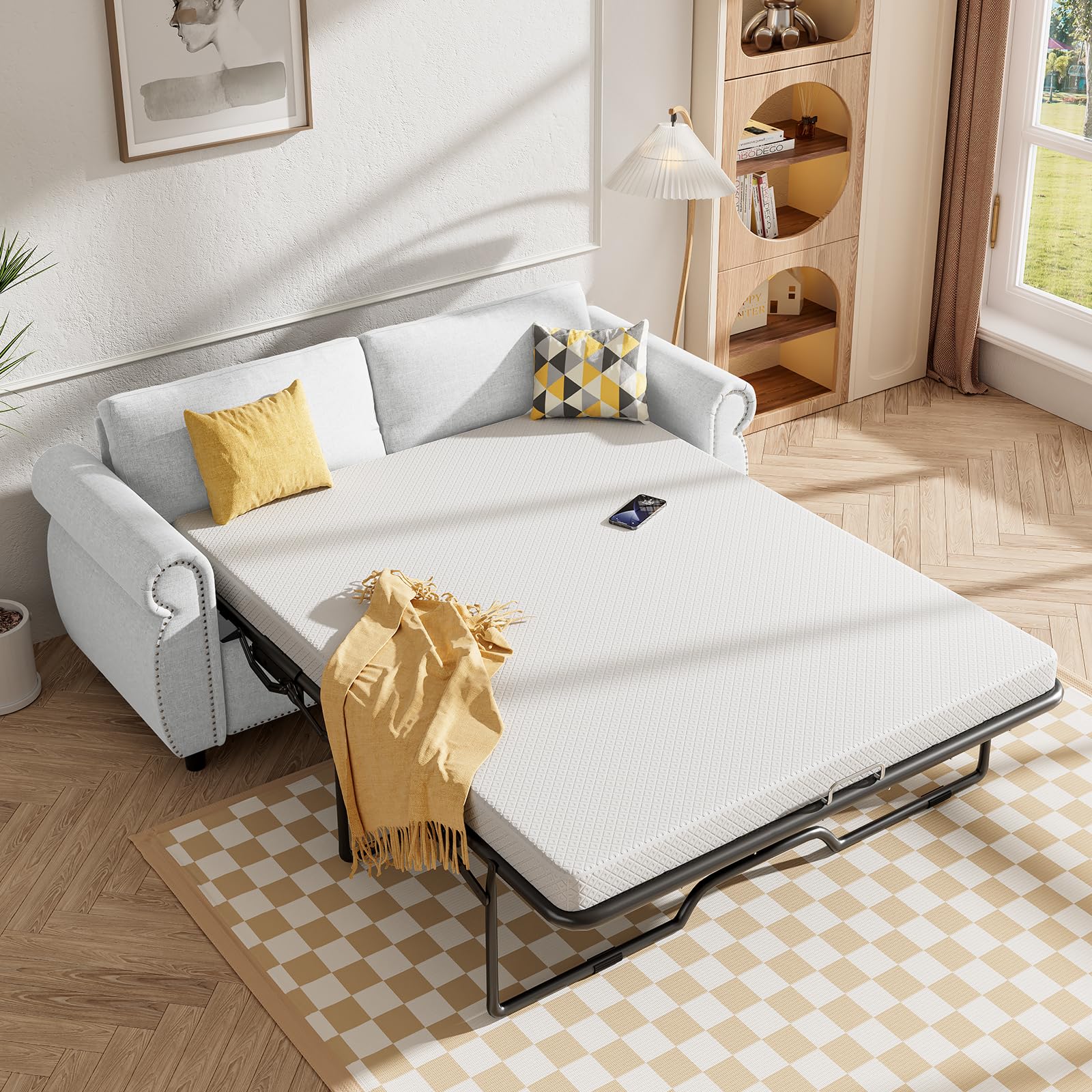 Mjkone Full Size Sleeper Sofa with 4" Foldable Memory Foam Mattress, 2 in 1 Upholstered Pull Out Sofa Bed with Nailhead Armrests, Modern Linen Pull Out Couch for Living Room Apartment Office, Gray