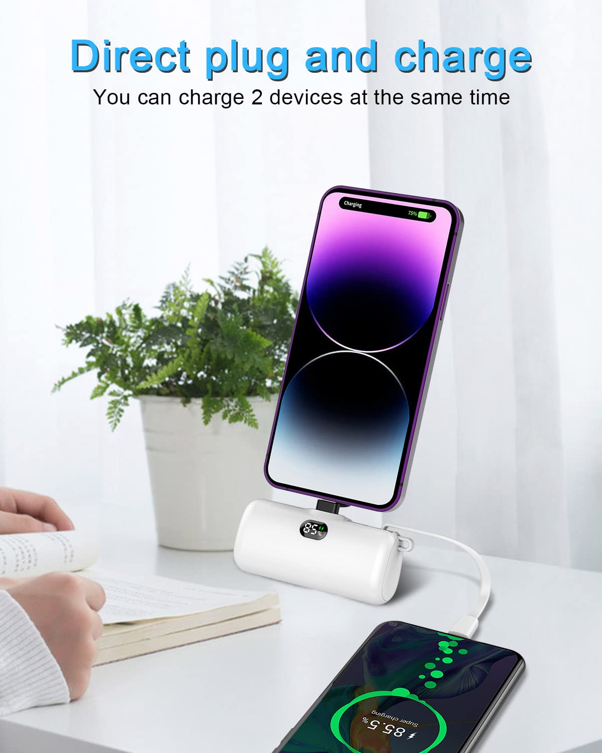 Aimenzunto Small Portable Charger, 5000mAh Lightning & USB C Dual Output Power Bank, LED Display Battery Pack Fast Charging for iPhone 14/13/12/11 Samsung S22/S21 Google Pixel Moto LG and More, White