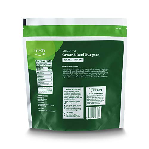 Amazon Fresh Brand, Frozen Ground Beef Burger Patties, 80% Lean/20% Fat, 2 lb, Pack of 8