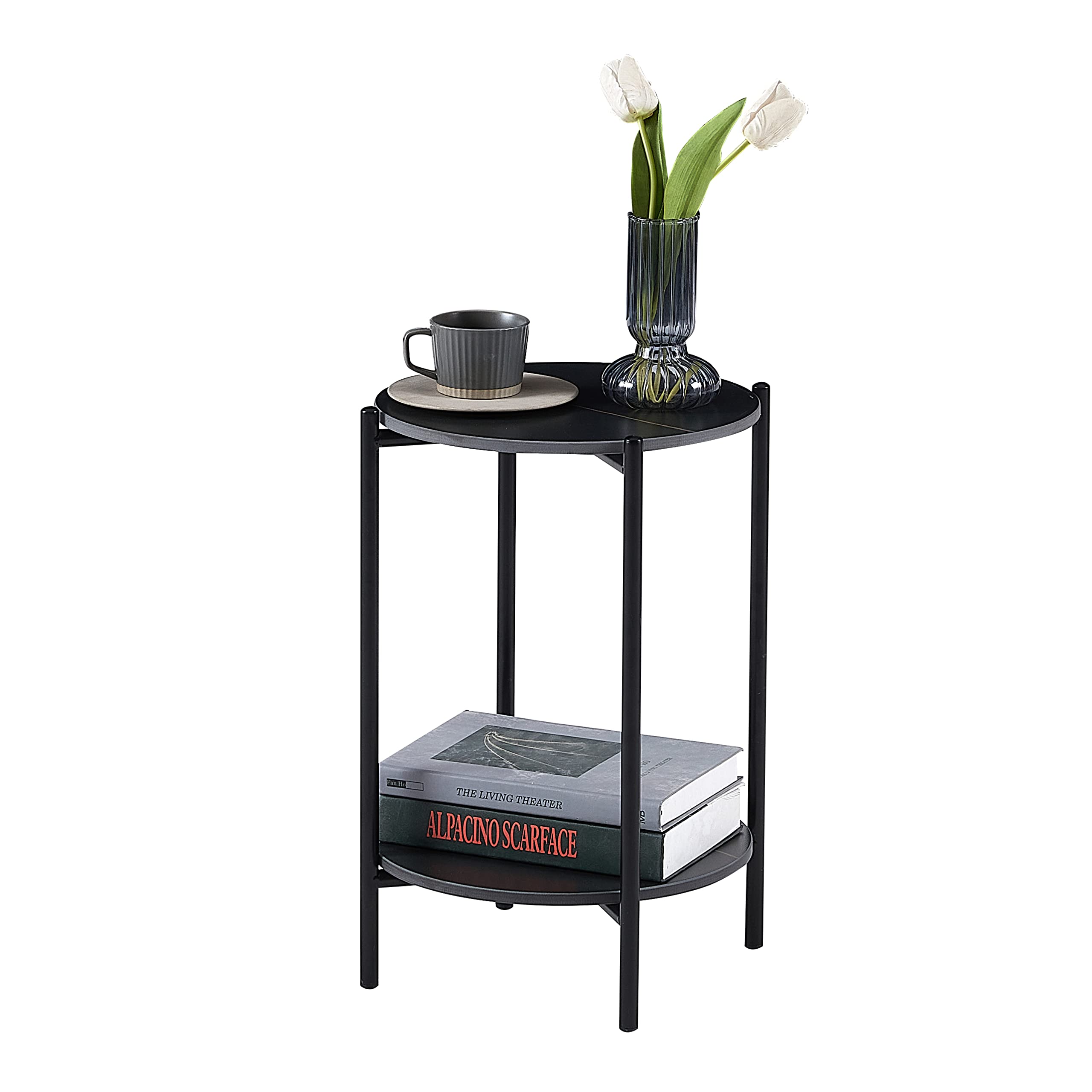 Aimerive Modern 2- Tier Side Table with Removable Marble Tabletop, Small End table with Metal Frame, Modern Round Nightstand for Bedroom, Living Room Coffee Table for Balcony Patio (Black)