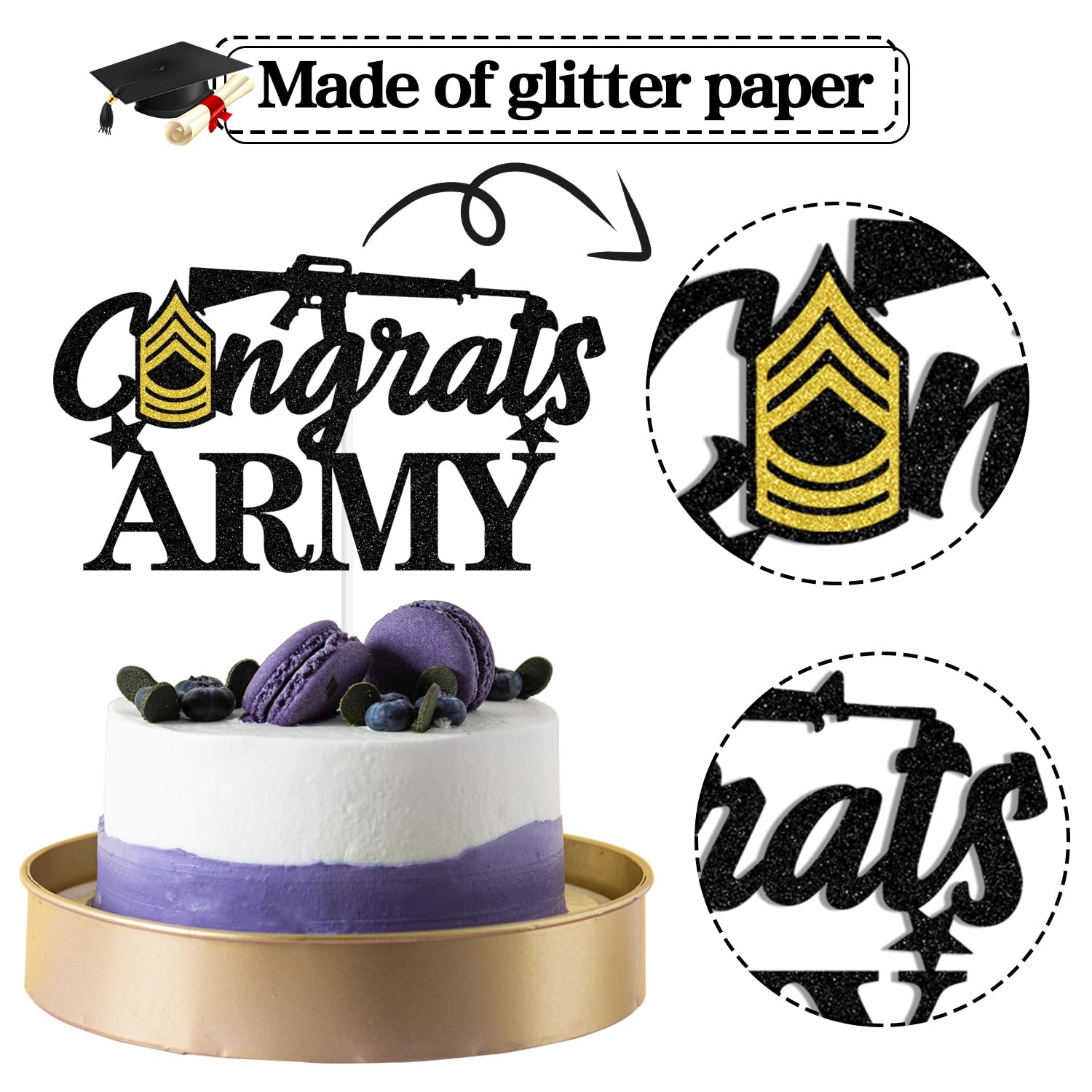 Black Glitter Congrats Army Cake Topper, Army Soldier Fighter Veteran's Day Cake Decorations, Airman Military Themed Graduation Retirement Party Decorations (E-8)