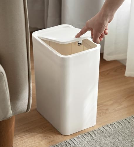 Bathroom Trash Can, Modern Slim Shape Pop-up Plastic Invisible Liner Garbage Bin for Kitchen, Bedroom, Living Room with Lid, Minimal Indoor Waste Basket with Liner Holder, 2.2 Gallon/ 8.5 Liter, White