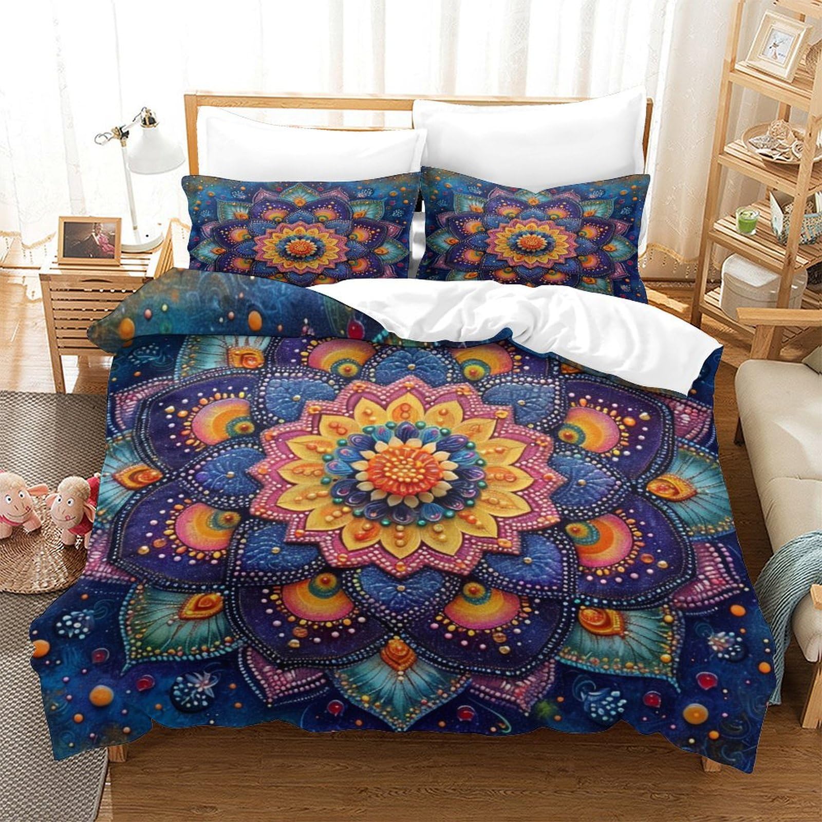 Bohemian Mandala 3D PrintedBeautiful Patterns Comforter Covers Bedding Set Quilt Cover Duvet Cover 3 Pieces for Childrens And Adults Microfiber with Pillowcases with Zipper Closure Queen(228x228cm)