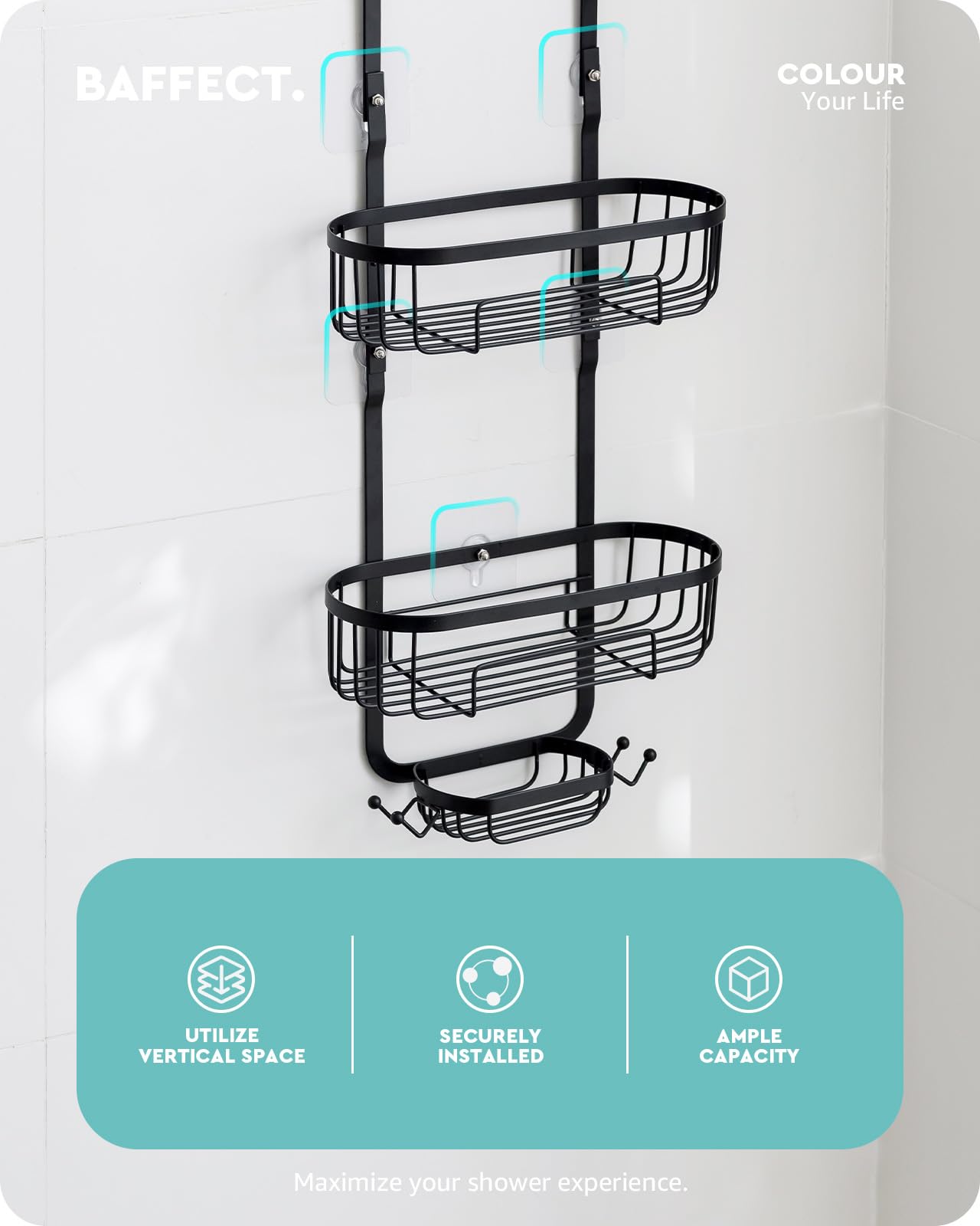 Baffect Shower Head Caddy, Upgraded Extended Metal Shower Storage Rack, Rust-Resistant Bathroom Organizer with Soap Holder and Hooks (Matte Black)