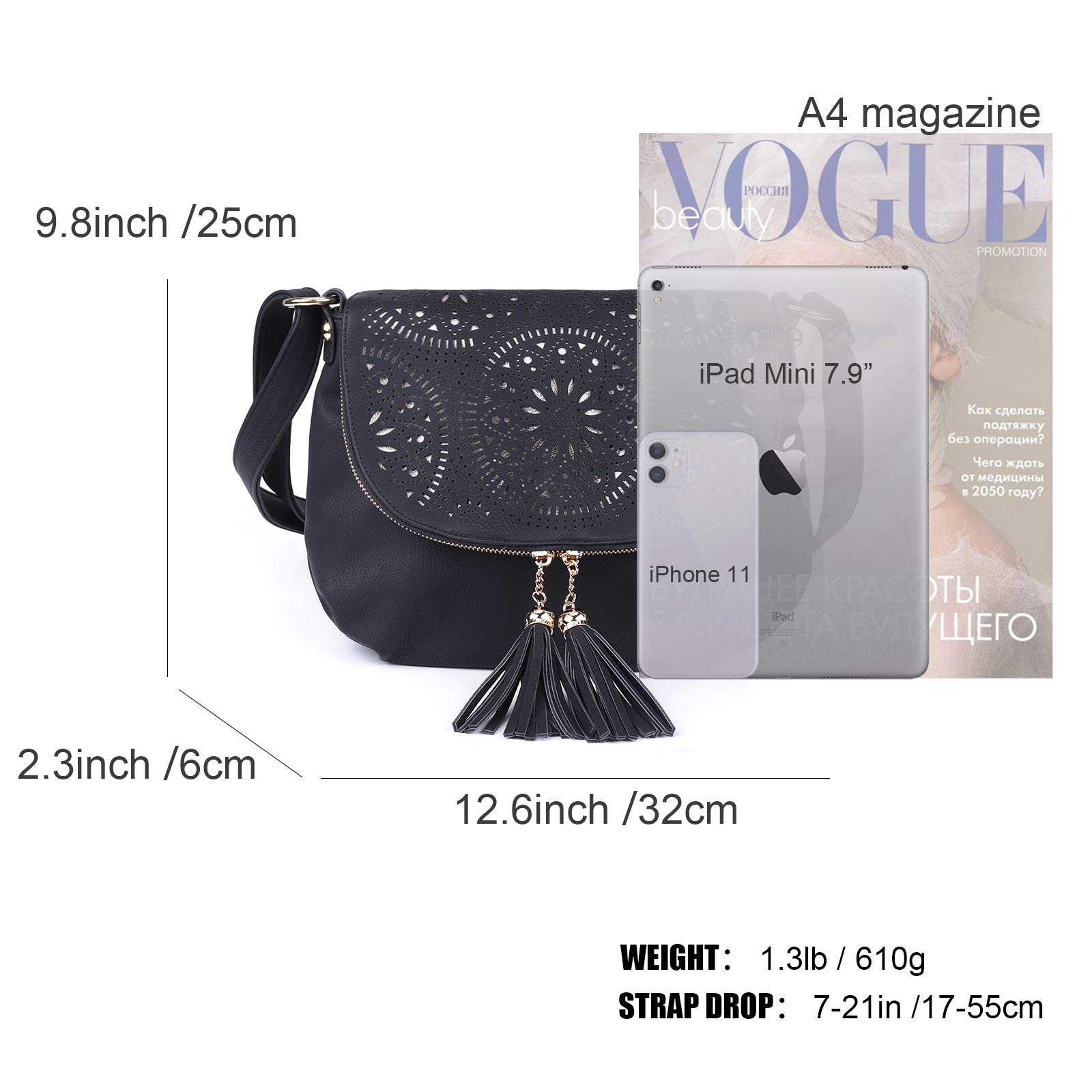 AFKOMST Boho Crossbody Bags for Women Large Size Soft Vegan Leather Over Shoulder Purses and Messenger Satchel Handbags,Multi Pockets,Black