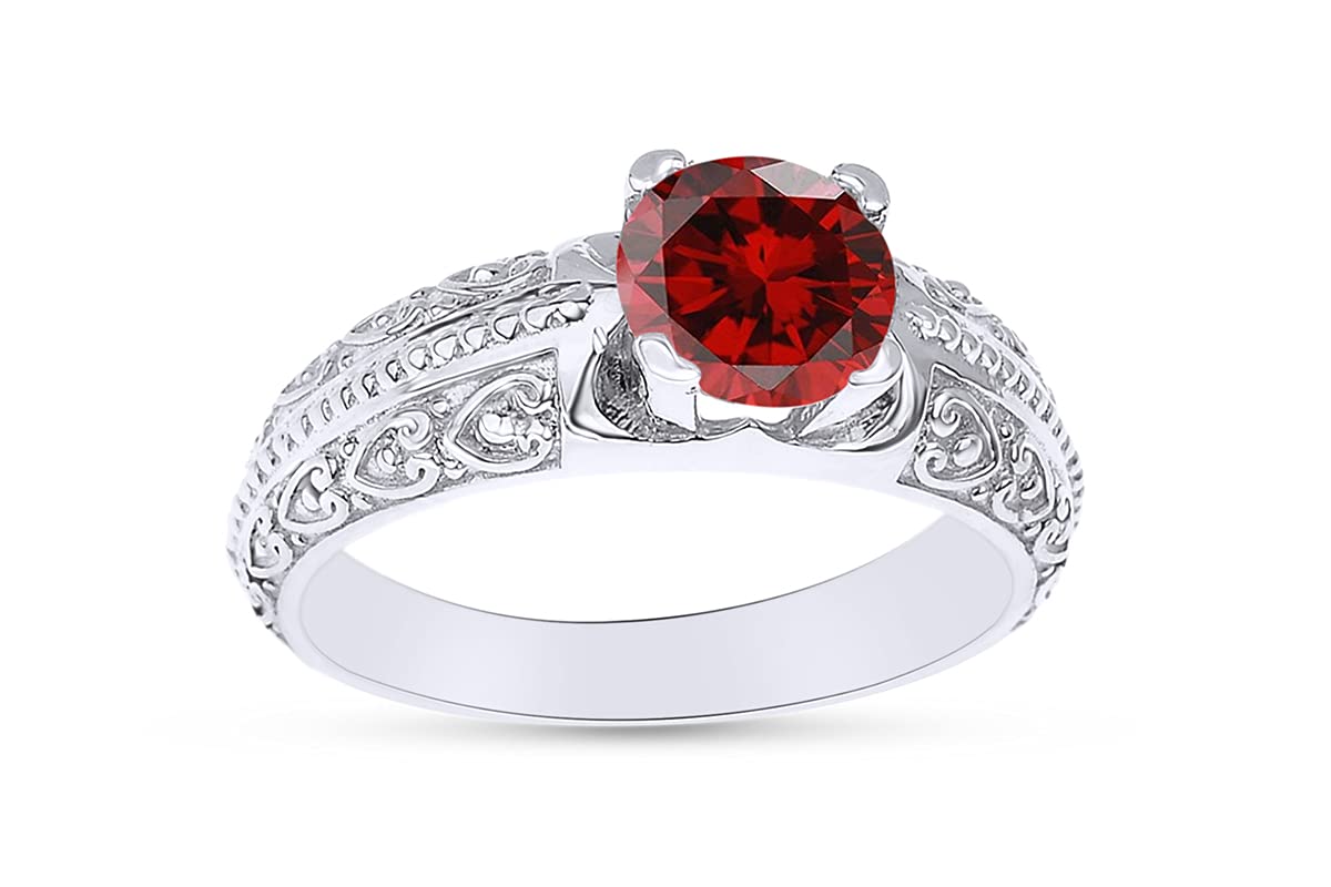 AFFY Round Shape Simulated Garnet In 14K White Gold Over 925 Sterling Silver Ring Size 13.5