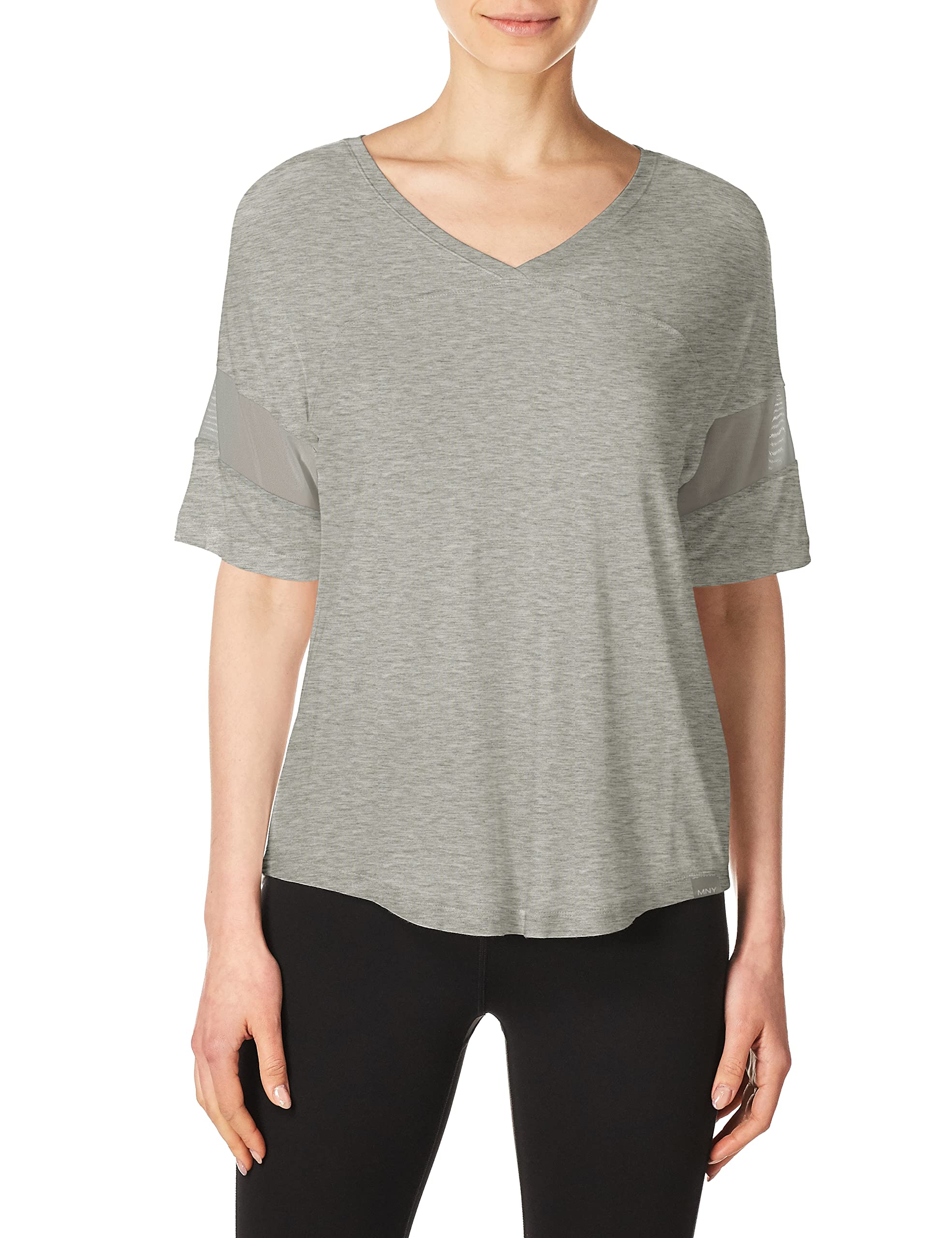 Andrew Marc Women's Short Sleeve V-Neck Active T-Shirt with Mesh Band Detail (Regular & Plus), Light Grey Heather, X-Large