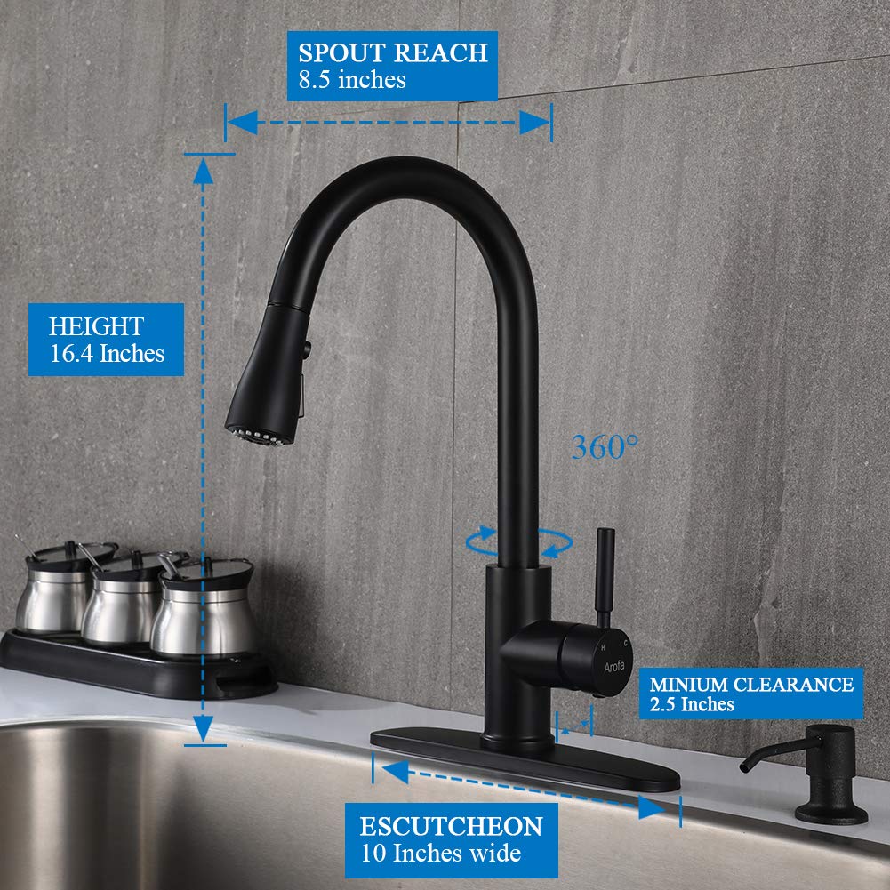 Arofa Matte Black Kitchen Faucet, Kitchen Sink Faucet with Pull Down Sprayer Single Handle Stainless Steel Commercial Modern for 1 or 3 Hole Farmhouse Camper Laundry Utility Rv Bar Sinks