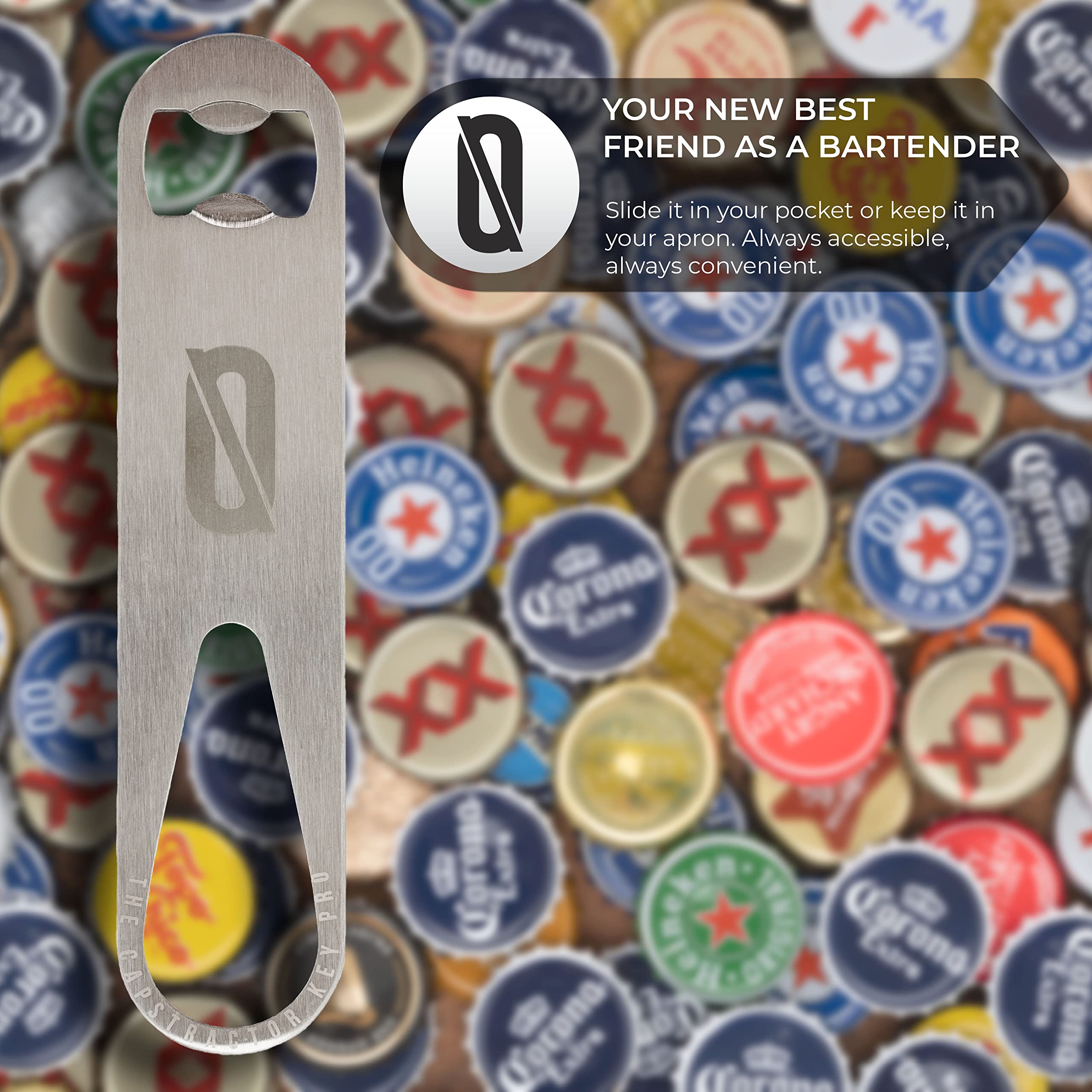 BAR NONE The Capstractor Key Pro | Bottle Cap Opener Bar Key Beer Speed Bartender Church Key, Stainless
