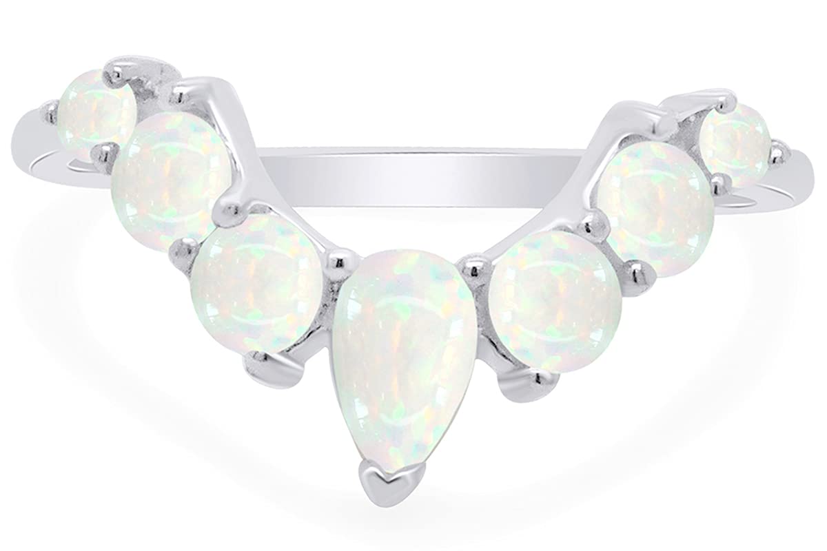 AFFY Seven Stone Design, Dainty 14k White Gold Plated 925 Sterling Silver Pear And Round Cut Created Opal Stackable Wedding Ring Jewelry For Womens Ring Size -6