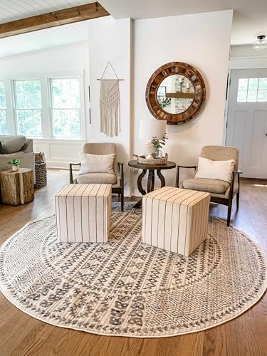 BoutiqueRugs Greig Farmhouse Moroccan Geometric Area Rug - Boho Aztec Tribal Carpet for Living Room - Black, Charcoal, Light Gray - 7'10" Round Rug