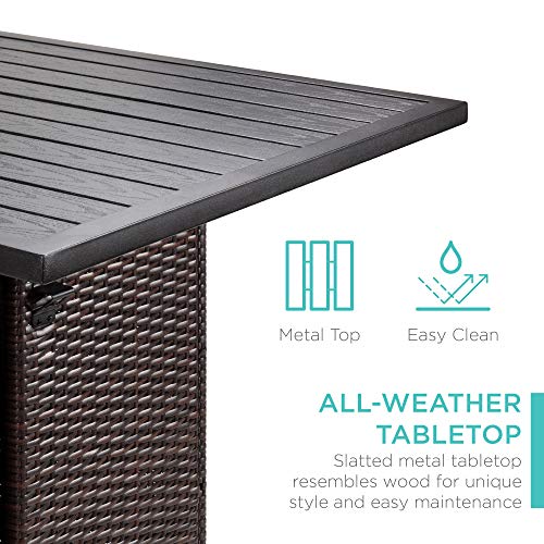 Best Choice Products 5-Piece Outdoor Wicker Bar Table Set for Patio, Poolside, Backyard w/Built-in Bottle Opener, Hidden Storage Shelf, Metal Tabletop, 4 Stools - Brown