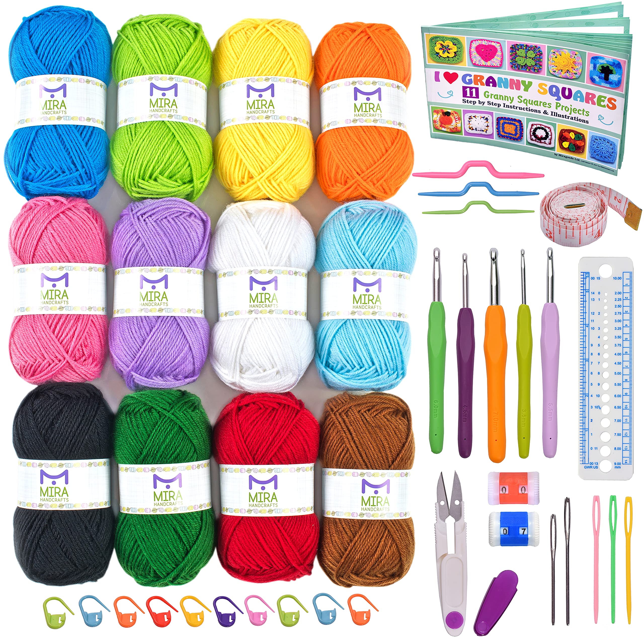 Acrylic Yarn Skeins Large 1.76 Ounce(50g) Each –12 Multicolor Knitting and Crochet Yarn Bulk –Starter Kit for Colorful Craft -7 Ebooks with Yarn Patterns -12 Pack + Accessories Set 1