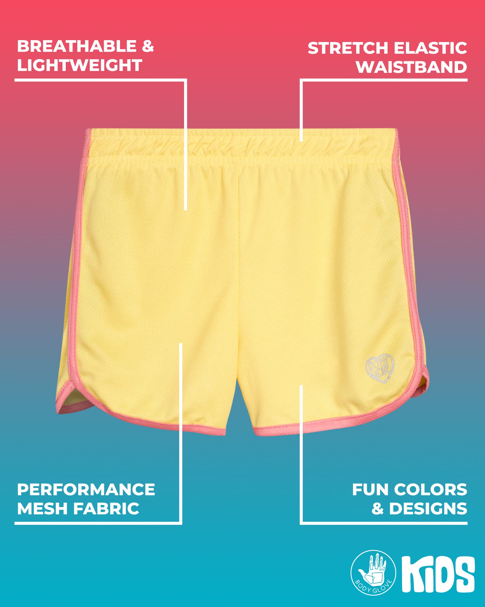 Body Glove Girls' Active Shorts - 4 Pack Mesh Athletic Performance Gym Dolphin Shorts (7-12), Size 10, Coral/Yellow/Navy/Pink