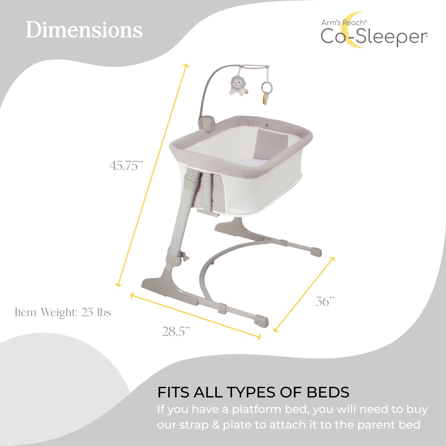 Arm’s Reach Versatile Co-Sleeper Bedside Bassinet Featuring Height-Adjustable Legs with Adjustable Feet, Mobile with Plush Hanging Toy, and Music Box that Plays 5 Tunes, Misty