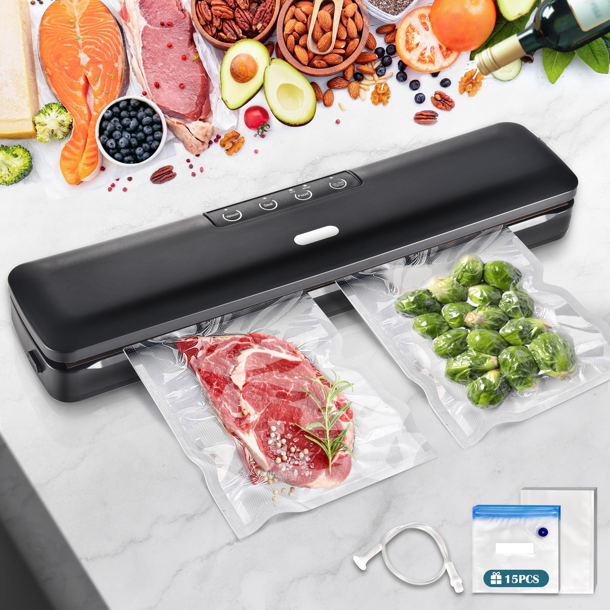 AOSION Vacuum Sealer Machine,Automatic Food Sealer for Food,Food Vacuum Sealer Automatic Air Sealing System for Food Storage Dry and Moist Food Modes with 15 pcs Sealer Bags,LED Indicator Lights,