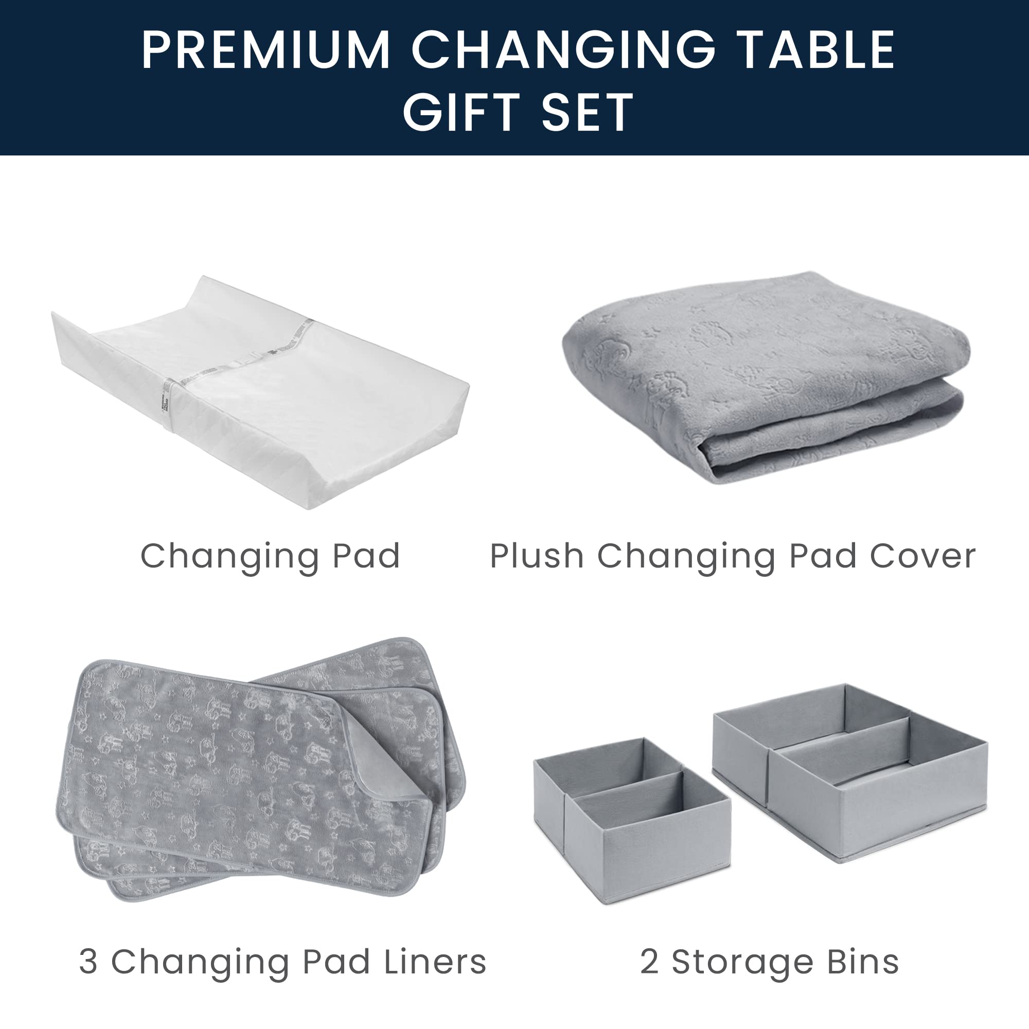 Delta Children Serta 7-Piece Essential Changing Table Set - Newborn Baby Gift Set for Boys and Girls – Includes Changing Pad, Plush Changing Pad Cover, 3 Changing Pad Liners and 2 Storage Bins, Grey