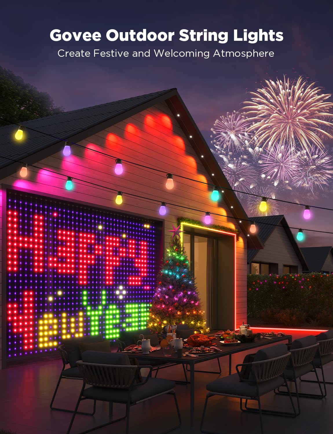 Govee Smart Outdoor String Lights H7020, RGBIC Warm White 48ft LED Bulbs for Outdoor, WiFi Patio Lights Work with Alexa, Google Assistant, APP Control, IP65 Waterproof