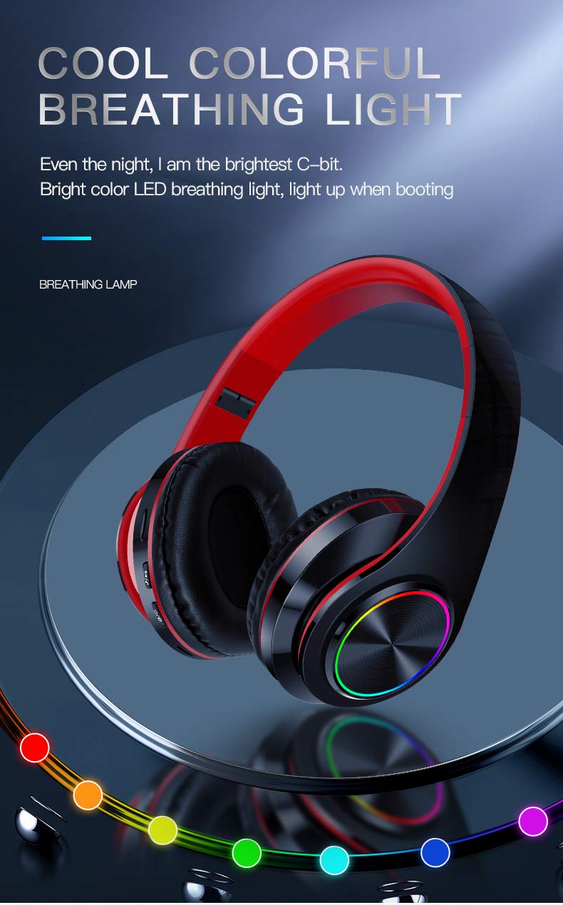 Amazing 7 LED Bluetooth Headphones with 8Hours Playtime, Wireless Headsets Over Ear, Hi-Fi Stereo, Multi-Colored Breathing Led, Built-in Mic, Snug Fit Earphones for Game Video DJ (Red Black)