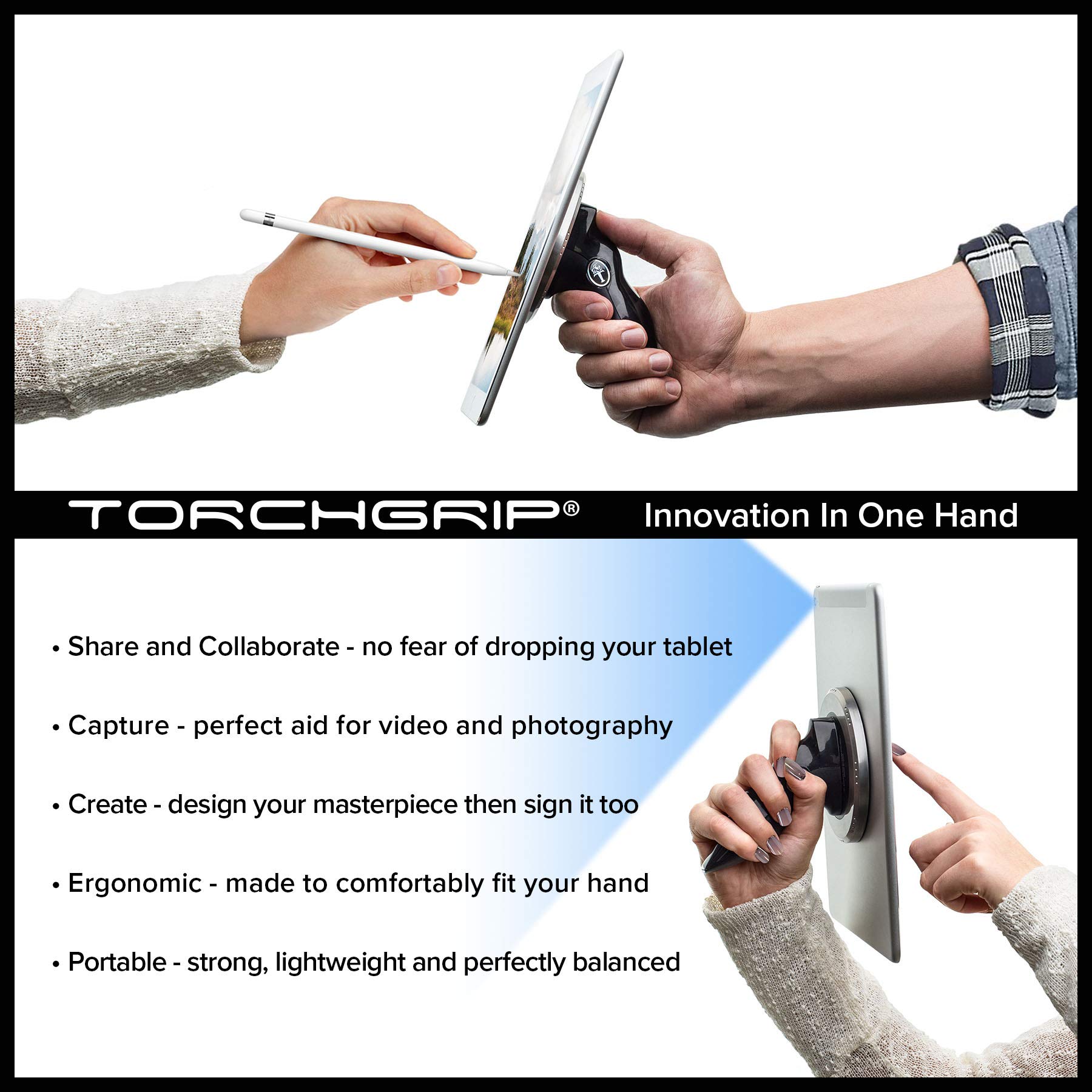 TORCHGRIP Universal Tablet Stand and Tablet Handle Compatible with iPad, Samsung and Most Other Tablets (Black/Black)