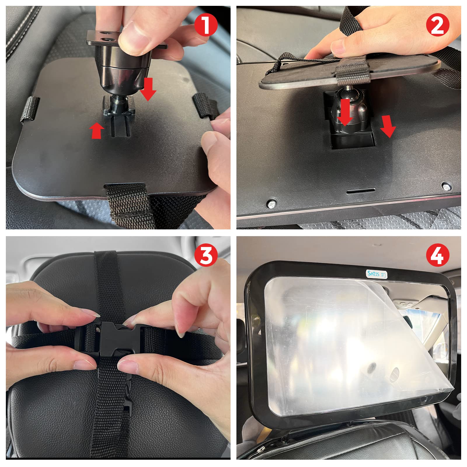 Baby Car Mirror, Satis:In Safety Car Seat Mirror for Rear Facing Infant with Wide Crystal Clear View, Shatterproof, Fully Assembled, Crash Tested and Certified for Safety
