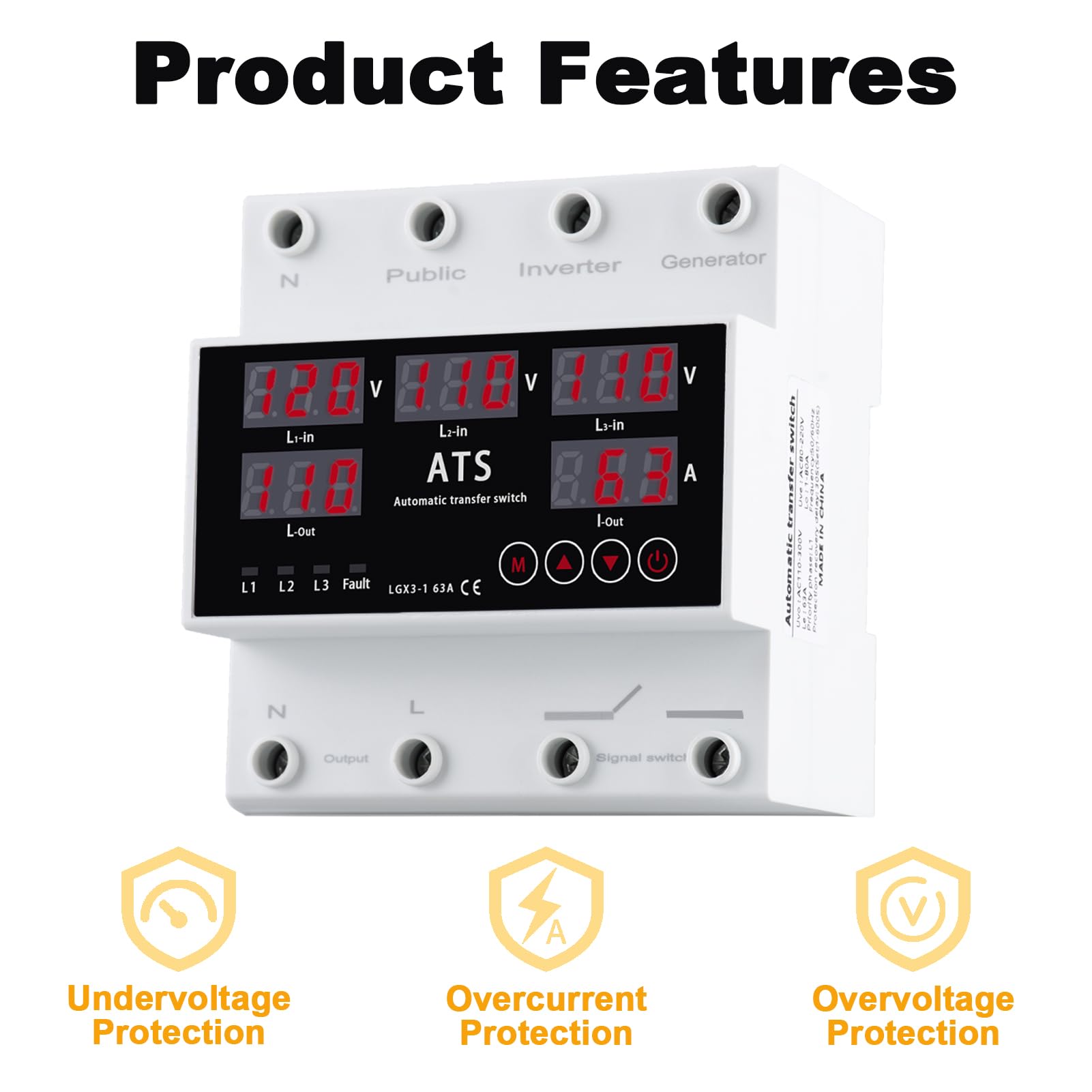 Automatic Transfer Switch,Automatic Switching Between Utility Power、Generator and Inverter,Overcurrent Protection,Overvoltage and undervoltage Protection,63A