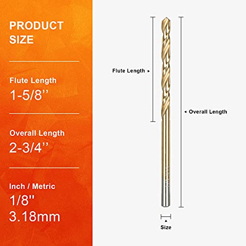 AugTouf 1/8" Titanium Drill Bits (10pcs), 4341 HSS 135° Metal Drill Bits for Wood, Metal, Steel, Plastic, Aluminum Alloy