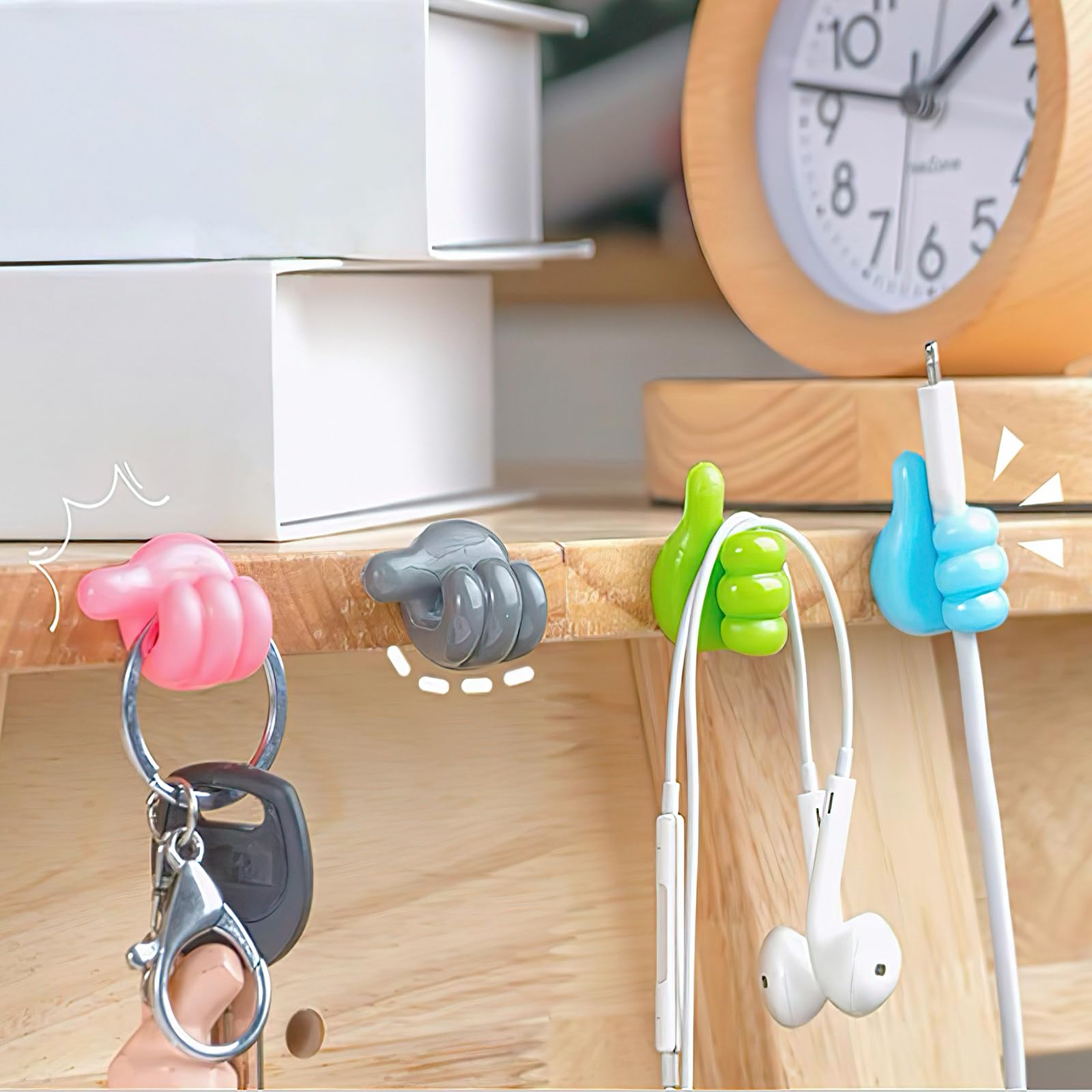 Dupiulk 24 Pcs Silicone Thumb Wall Hooks, Self Adhesive Thumbs up Cord Holder, Desk Cable Clips Organizer, Multifunction Key Hanger Wall Hook