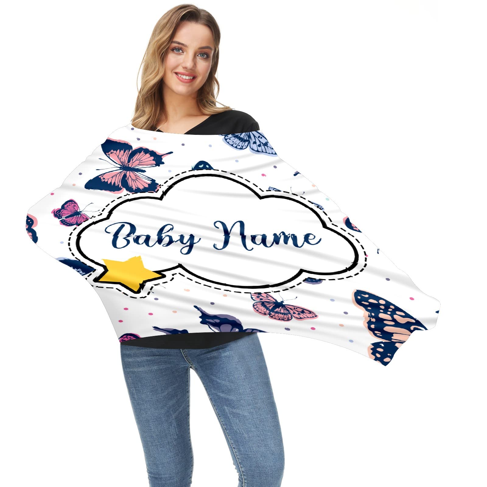 Baby Car Seat Stroller Covers Custom Name Cartoon Butterfly Nursing Cover Breastfeeding Scarf Soft Breathable Stretchy Coverage Carseat Canopy Cover for Boys and Girls Multi Use