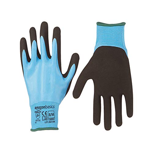 Amazon Basics 15 gauge polyester nitrile fully coated, sandy nitrile palm coated outer Size 8,M, 2 Pairs, Blue