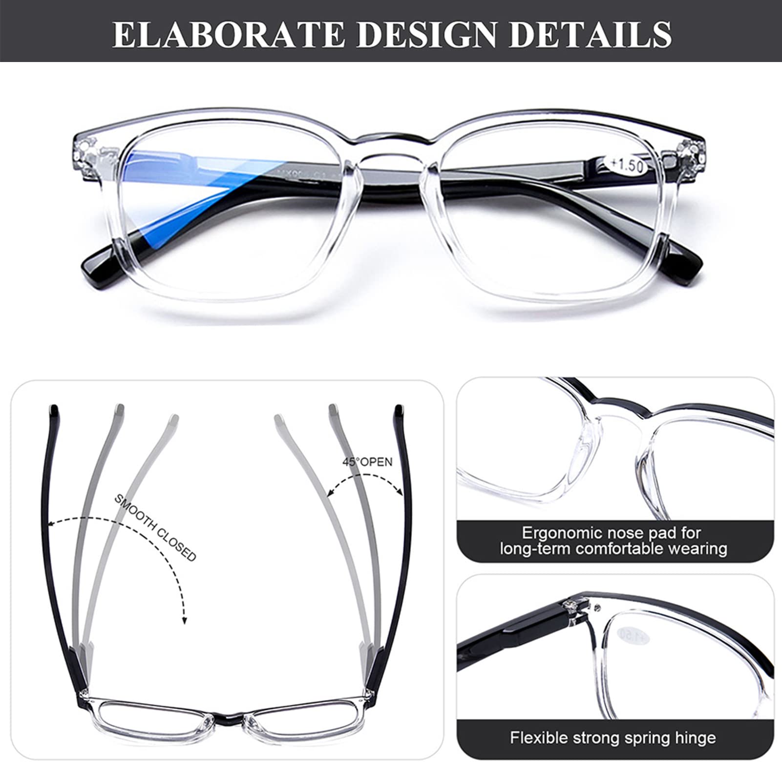 AQWANO Computer Reading Glasses Blue Light Blocking, Quality Clear Readers for Women Men Anti Glare Filter UV Ray Filter with Spring Hinge, 2.0