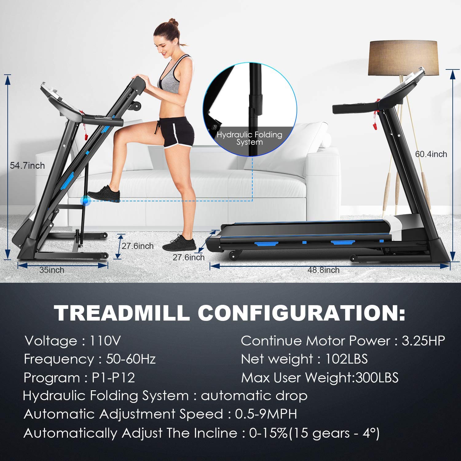 ANCHEER Treadmill, 3.25hp, App Control, Folding Treadmill Machine for Home with Automatic Incline, for Running, Walking, and Jogging, Portable Treadmill for Home, Gym, Office Workout.