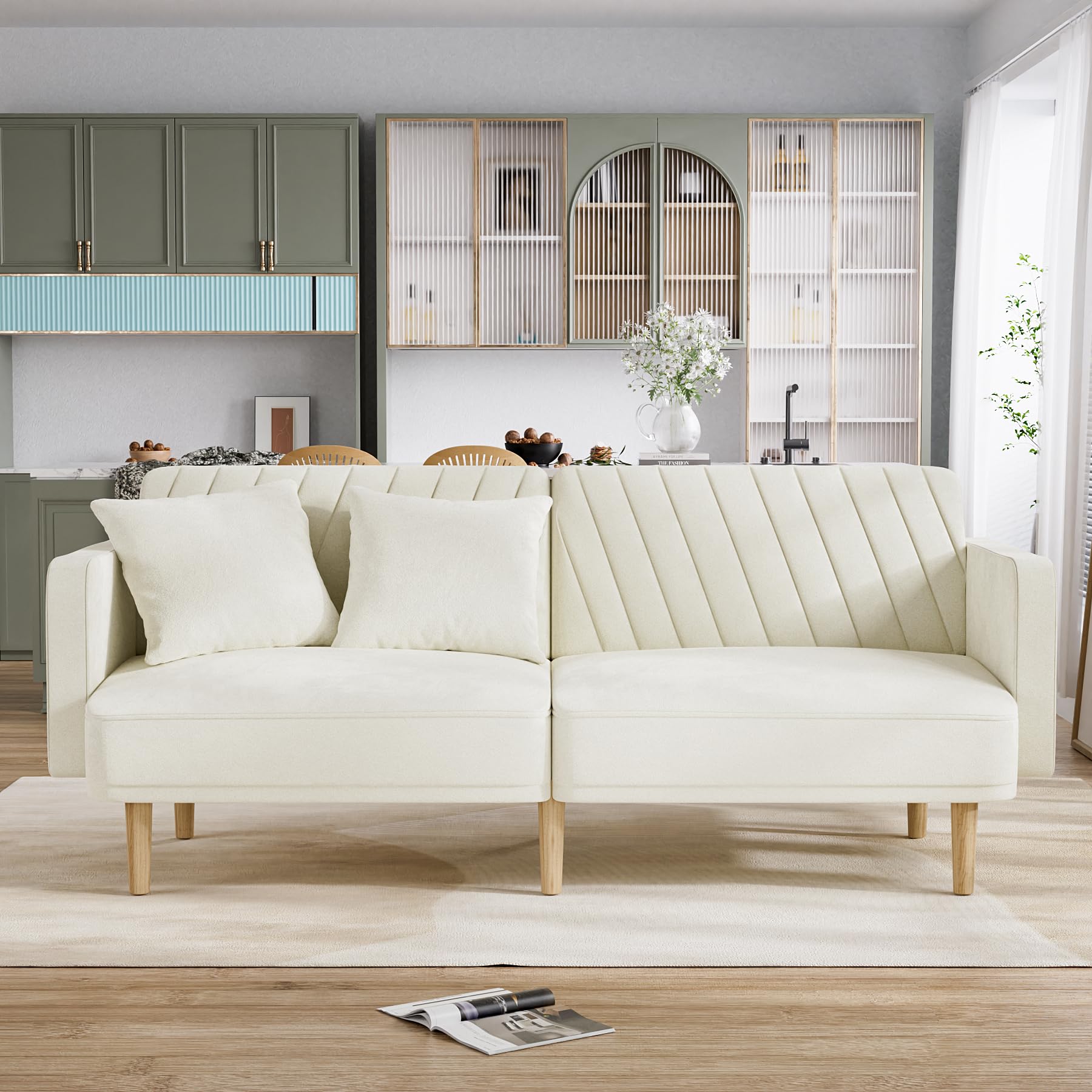 OUYESSIR Futon Sofa Bed, 75.3", Couch, Small Sofa, Sleeper Sofa, Loveseat, Mid Century Modern Velvet Futon Couch with 2 Pillows for Living Room (Beige White Velvet, Futon)