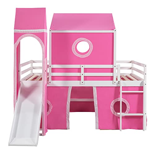 BOVZA Castle Full Low Loft Bed with Slide Pink Tent and Tower for Kids Teens Boys Girls, Pink