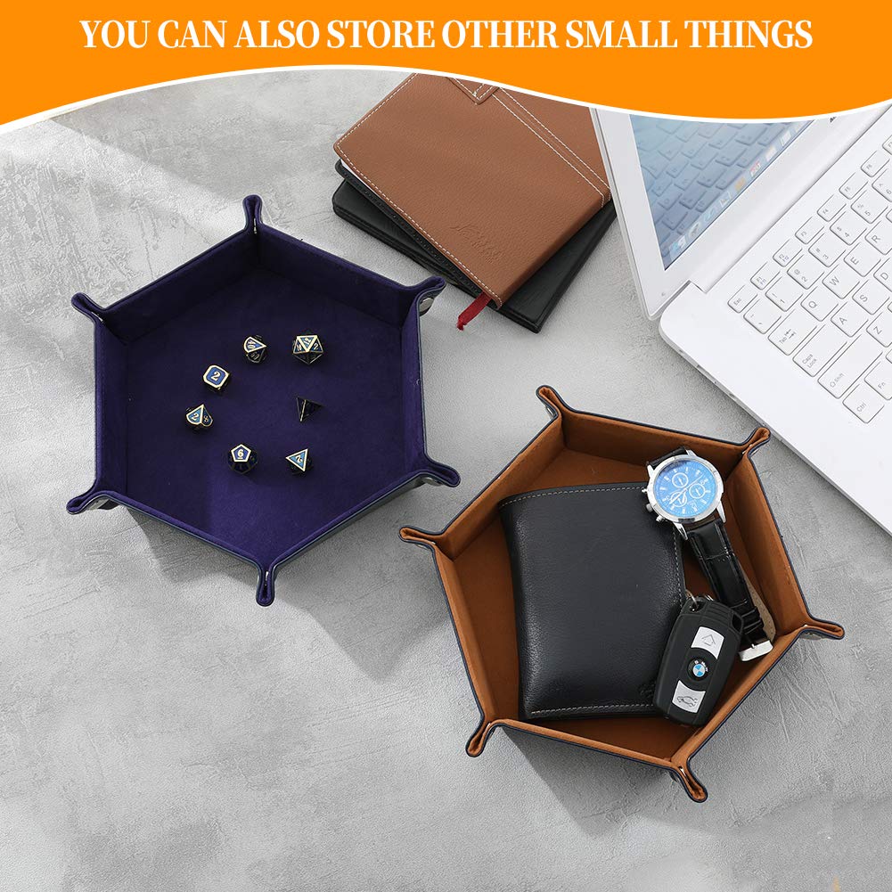Grajar 2 Pcs Portable Folding Dice Rolling Tray Set for RPG DND Table Games - PU Leather and Velvet Holder Storage Box - Navy Blue and Camel