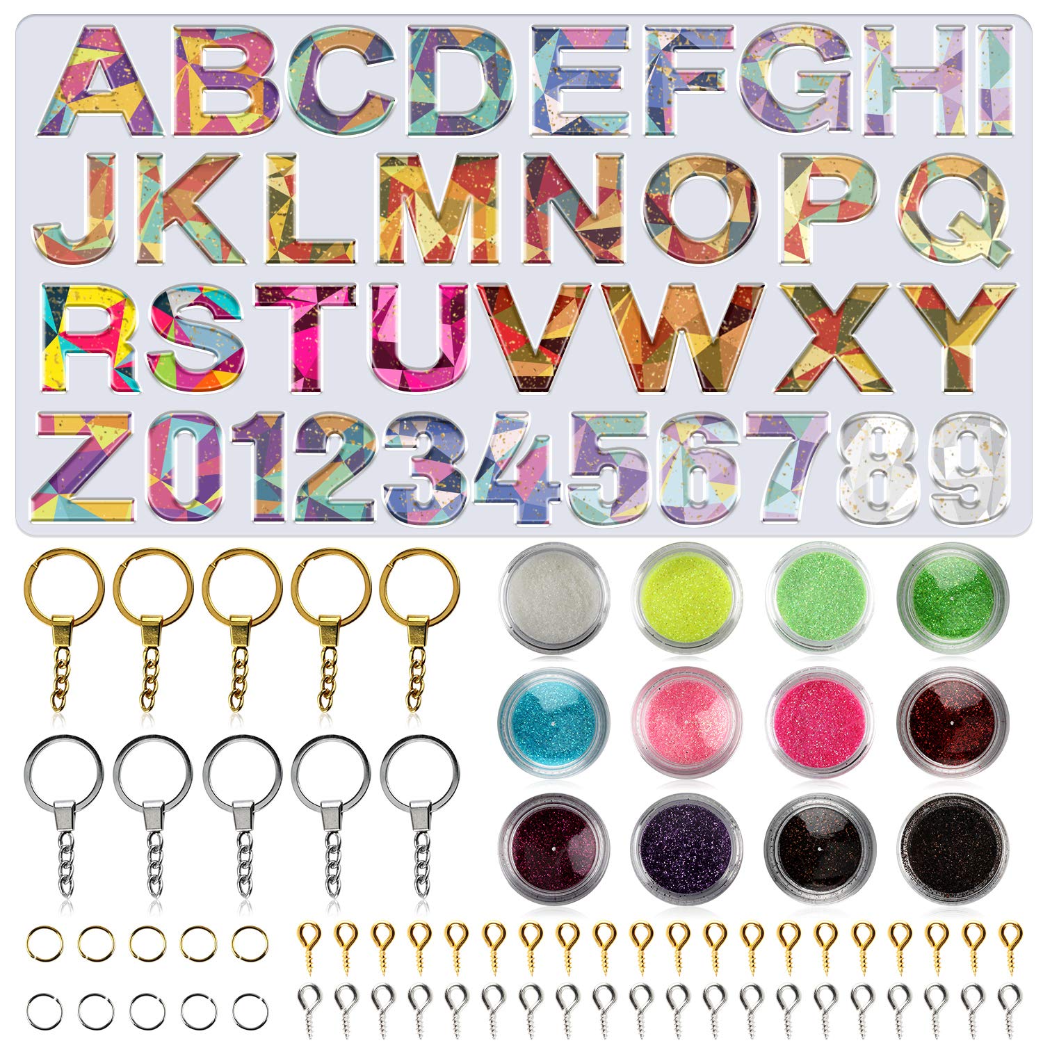 Apsung Alphabet Resin Silicone Molds, Casting Letter Number Silicone Mold Included Glitter Sequins, Key Rings, Screw Eye Pins for Making Keychains, Epoxy Resin Crafts, Pendant Jewelry