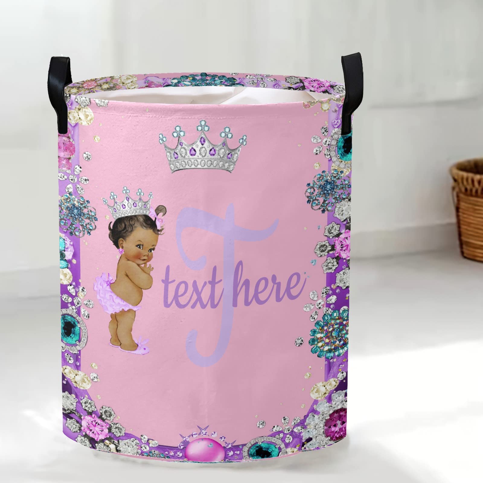 Personalized Custom Diamond Border Girl Collapsible Large Sized Clothes Hamper with Knitting Handles for Baby Girls Boys Kids Nursery Clothes Things