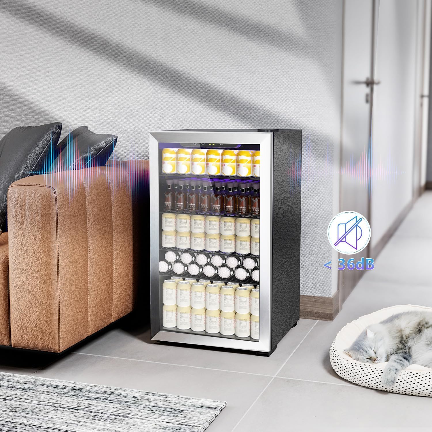 Kndko Beverage Refrigerator Cooler - 130 Can Mini Fridge with Adjustable Shelves, Glass Door, Digital Temperature Control, LED Lighting, Energy Efficient for Home, Office, Bar - 3.2 Cu.Ft, Black