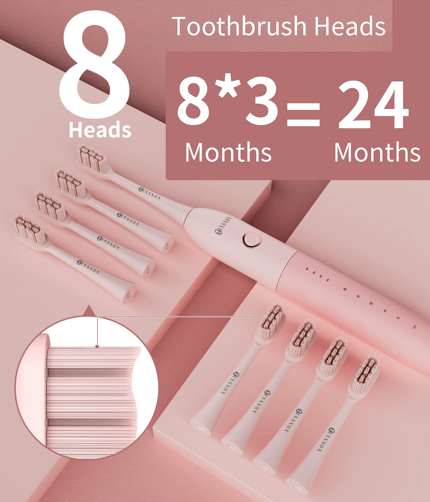 TINSSON Sonic Electric Toothbrush for Adults and Kids with 8 Replacement Brush Heads, Rechargeable Tooth Brush 5s Splash-Proof Fast Charge for 180 Days with 5 Modes, 2 Minute Smart Timer, Pink