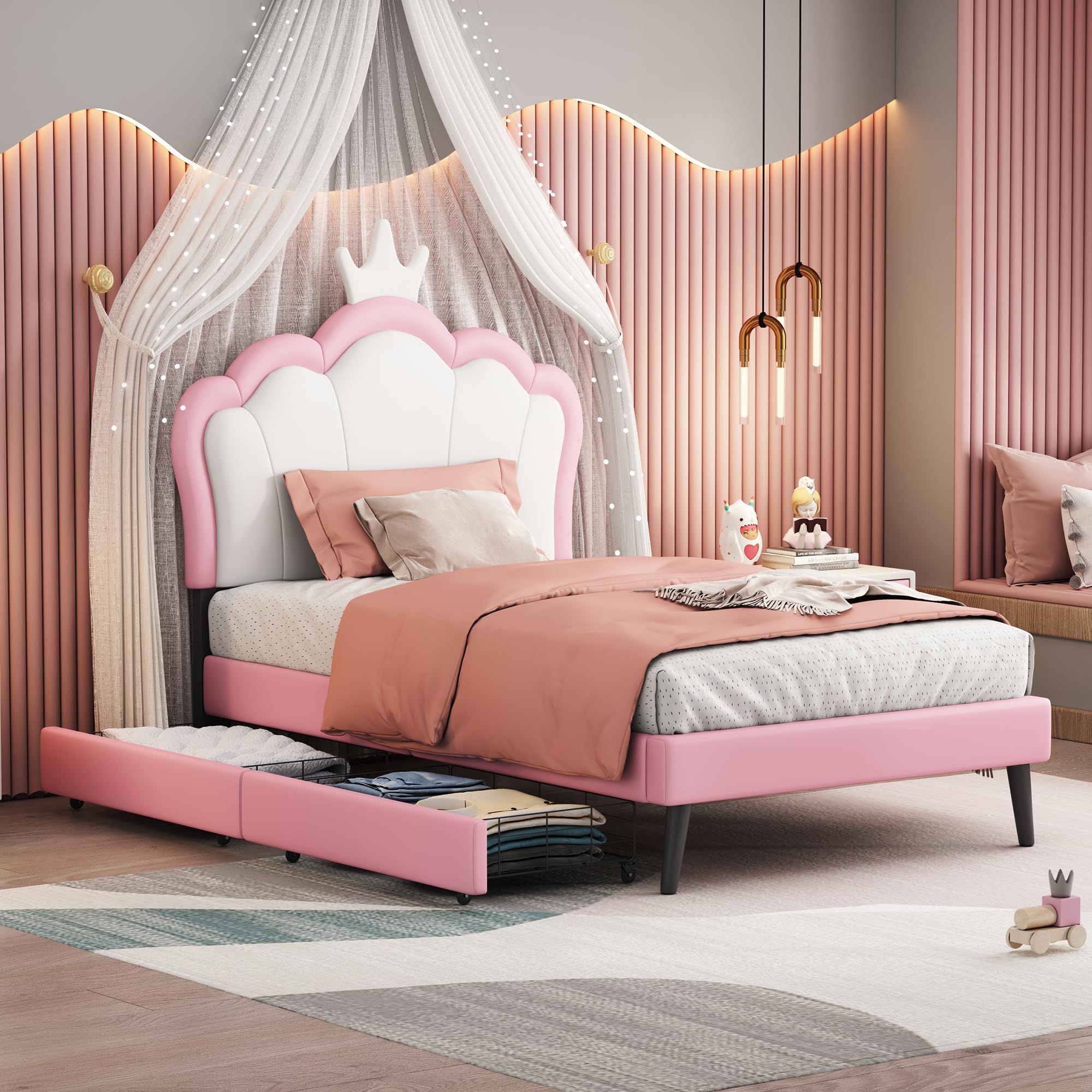 SOFTSEA Twin Size Princess Bed with Storage Drawers, Faux Leather Platform Bed with Crown Headboard for Kids Girls, No Box Spring Needed, Pink