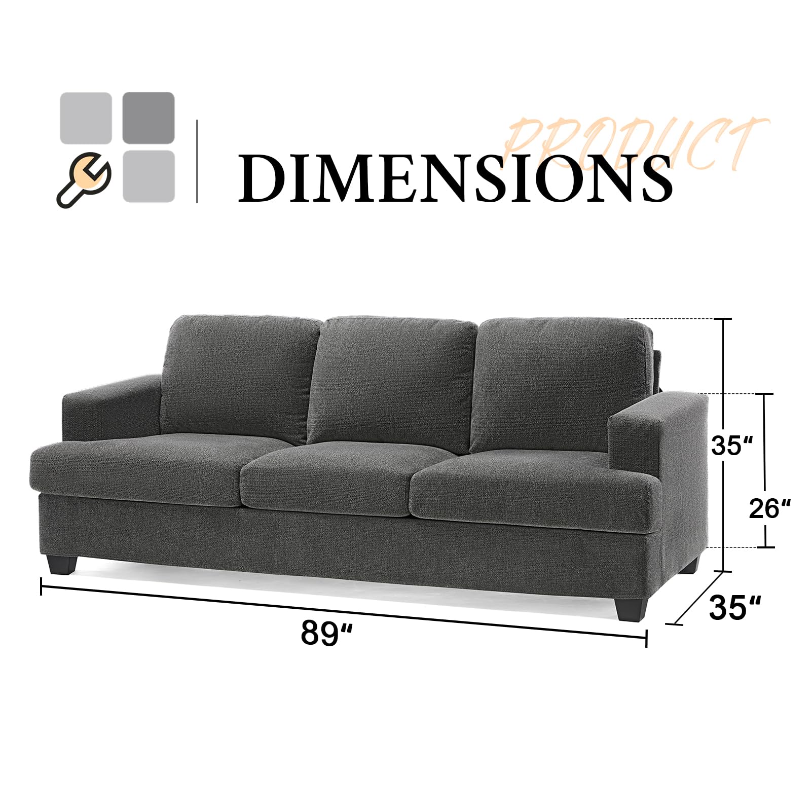 papababe Sofa, 3 Seater Modern Couches with Extra Deep Seats, 89" Wide Comfy Couches for Living Room, Bedroom(Grey,Chenille)